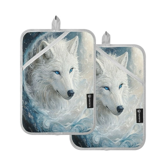 Qxltty White Wolf with Blue Eyes Oven Mitts 2-Pack Heat Resistant ...
