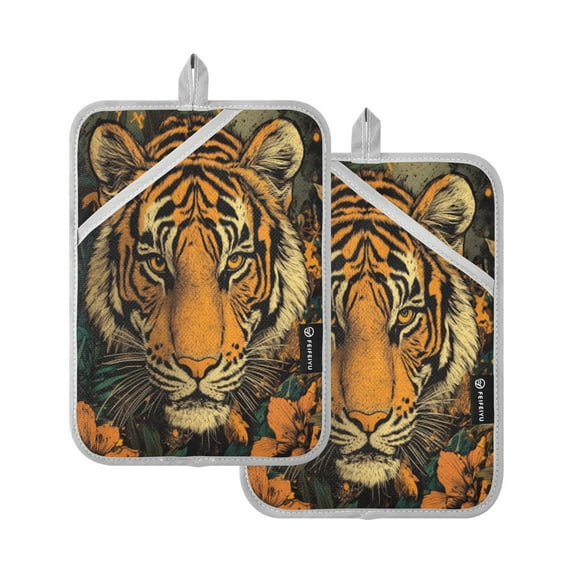 Qxltty Wildflower Tiger Pattern Oven Mitts 2-Pack Heat Resistant ...