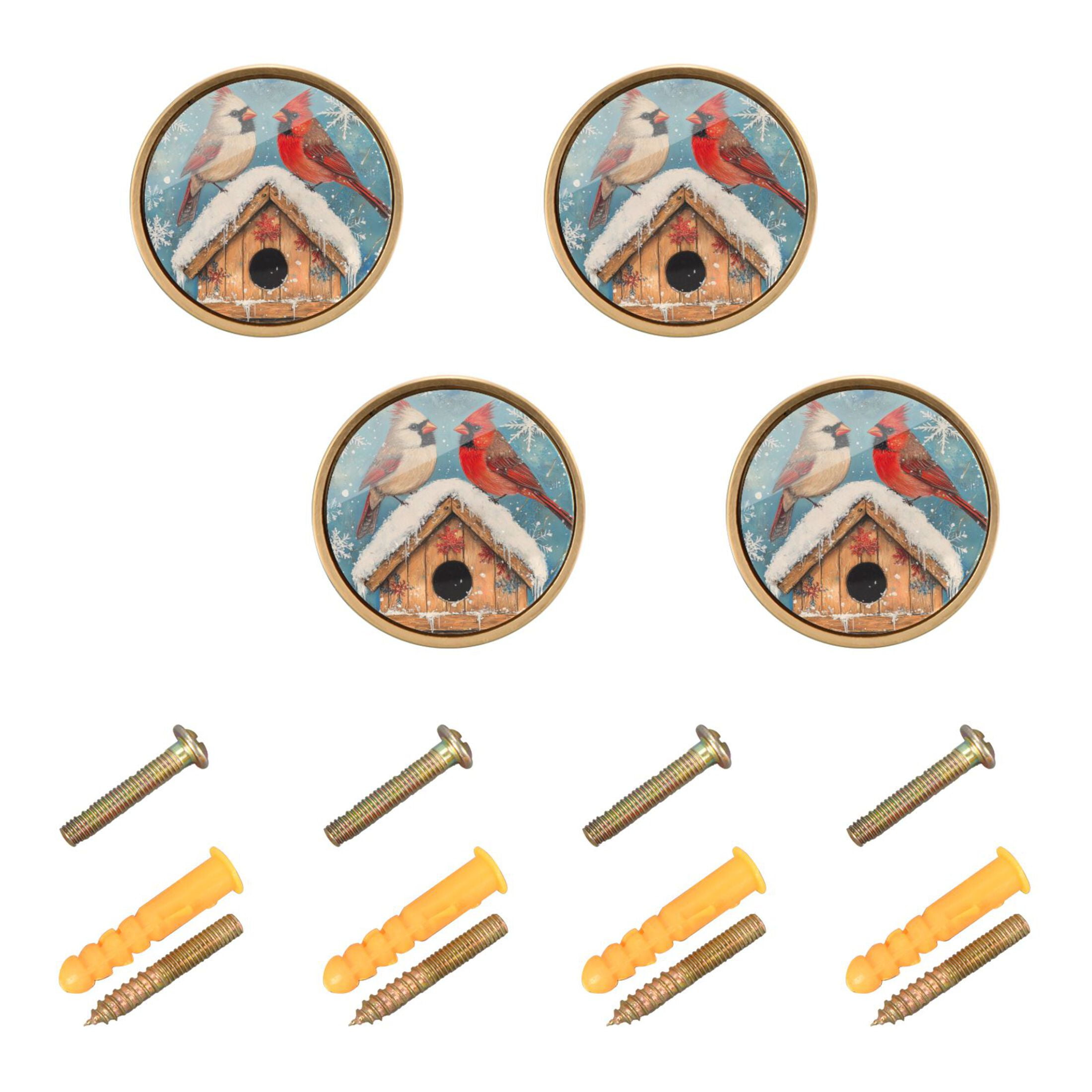 Qxltty Winter Cardinal Bird Cabinet Knobs Kitchen Drawer Knobs Round ...