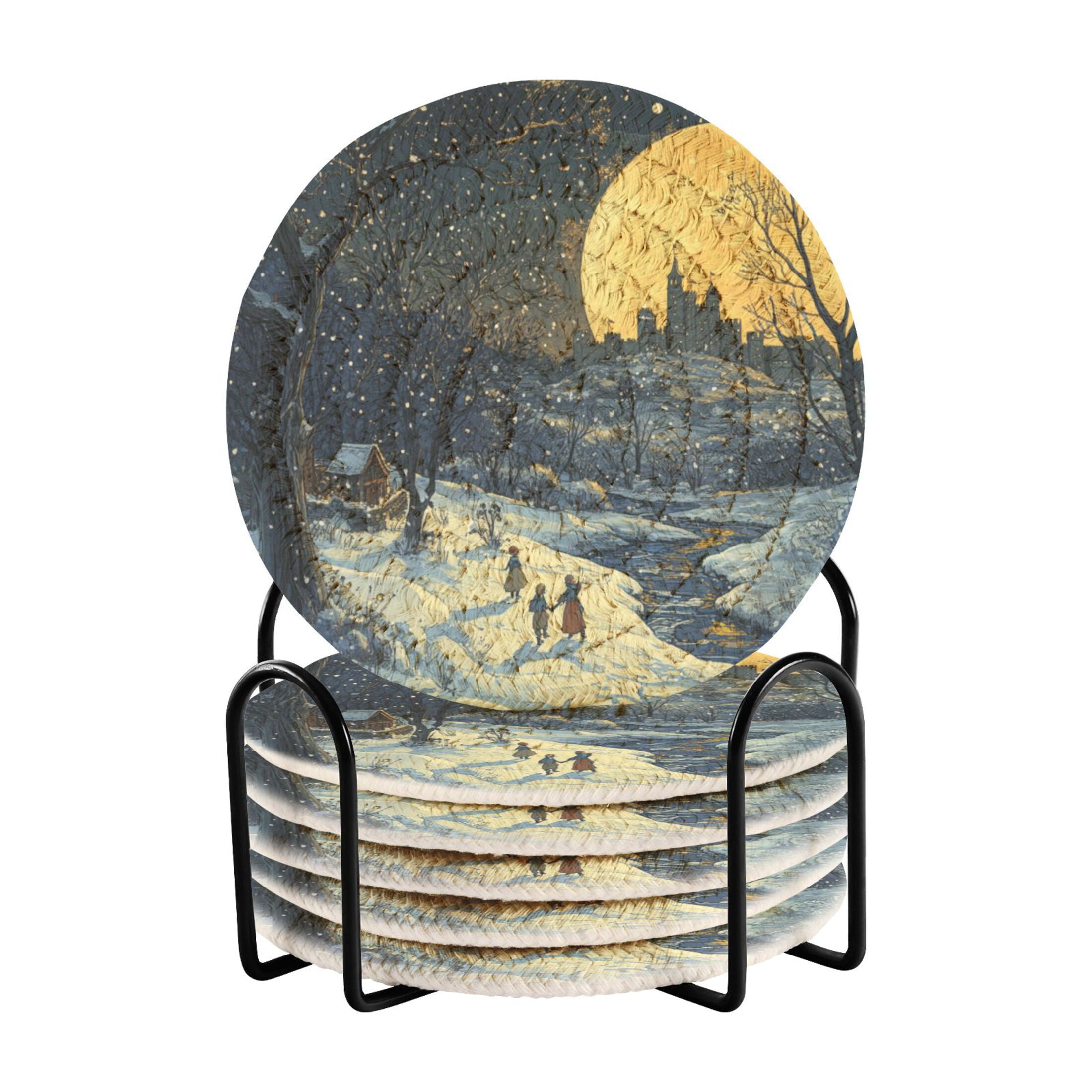Qxltty Winter Village Scenery Drink Coasters with Holder 6pcs Handmade ...