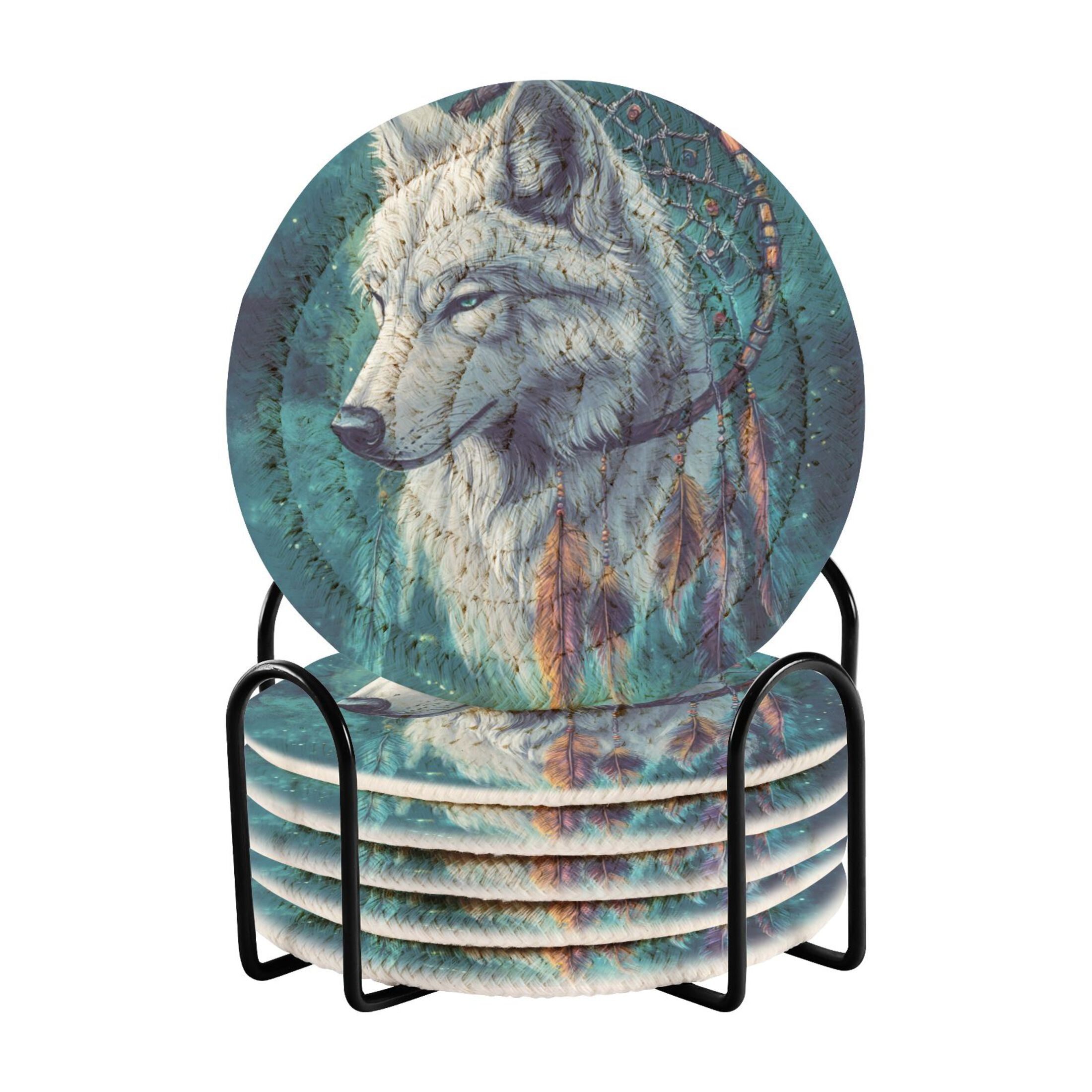 Qxltty Wolf King Dreamcatcher Drink Coasters with Holder 6pcs Handmade ...