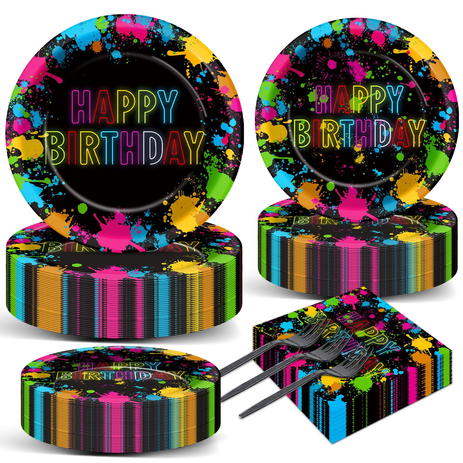 Qyeahkj 200pcs Neon Party Paper Plate and Napkins Supplies Neon ...