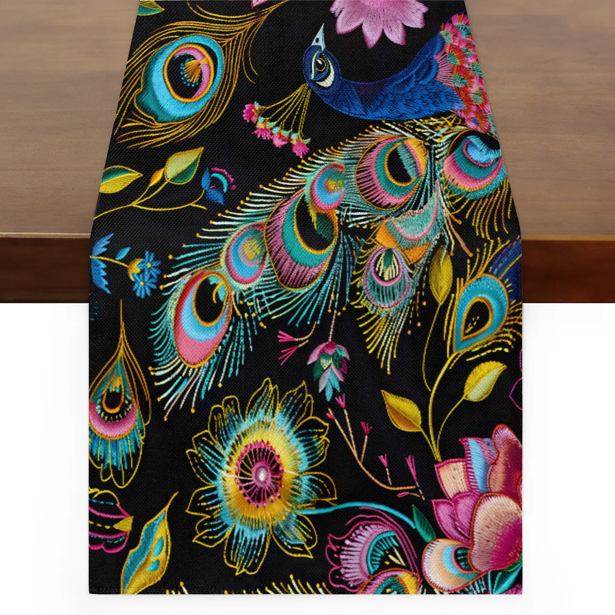 Qzaxky Table Runner Boho Table Runner Colorful Peacock Birds Feathers ...