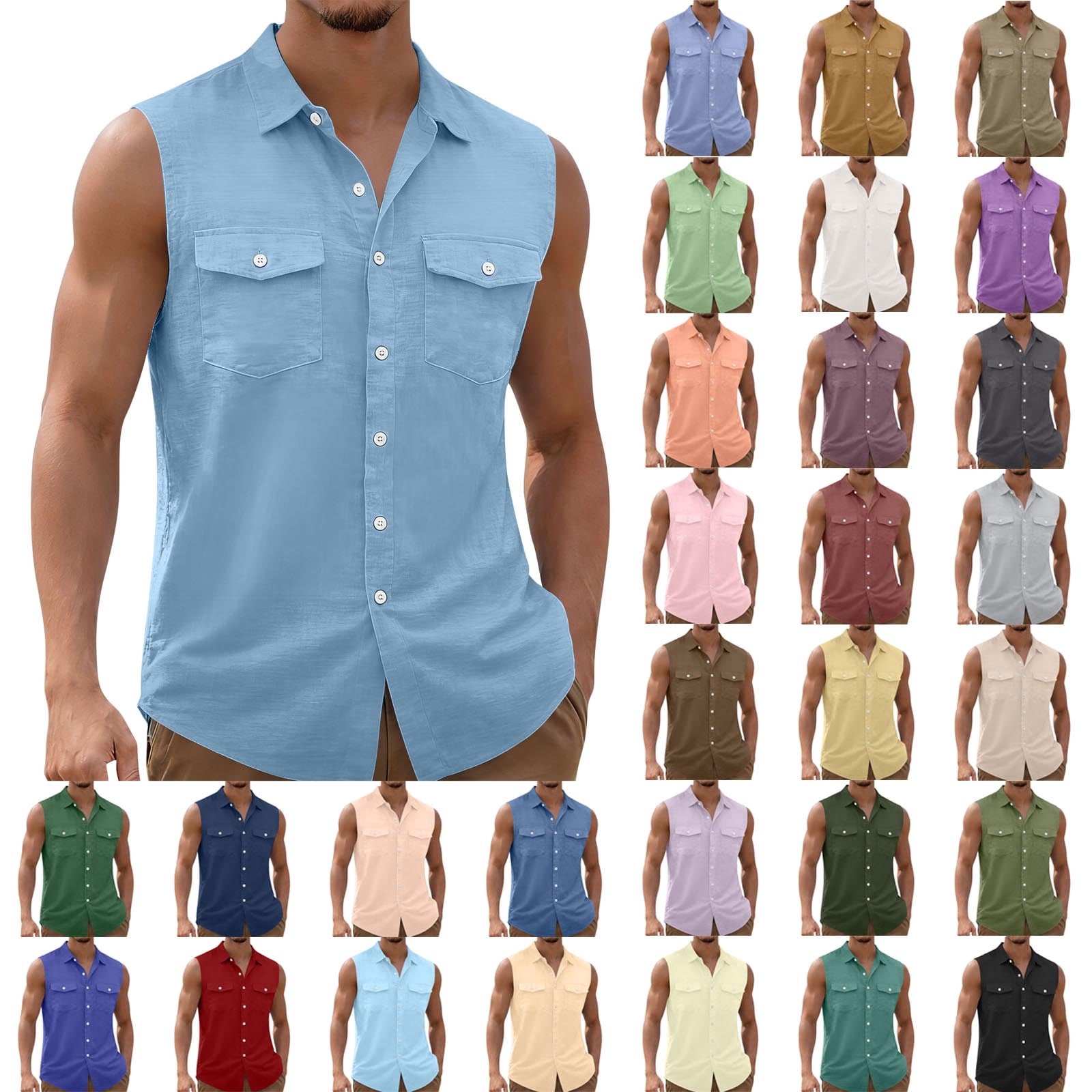 Qzwdhjm Sleeveless Button Down Shirts for Men V Neck Linen Tank Tops ...