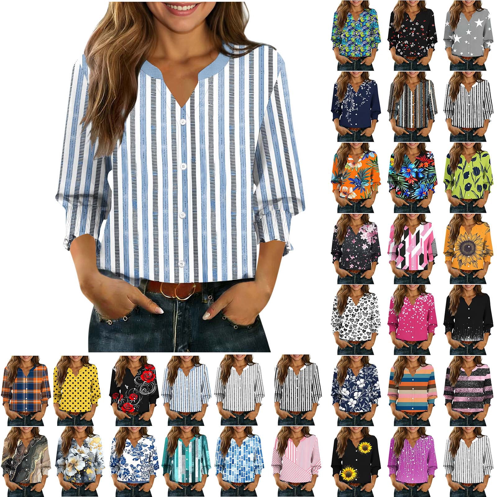 Qzwdhjm Women's Button Down Shirts Smocked Cuffs 3/4 Sleeve Tops ...