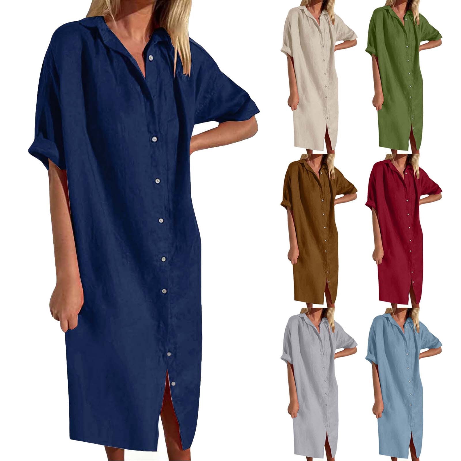 Qzwdhjm Womens Linen Shirt Dress Short Sleeve Button Down Midi Dresses ...