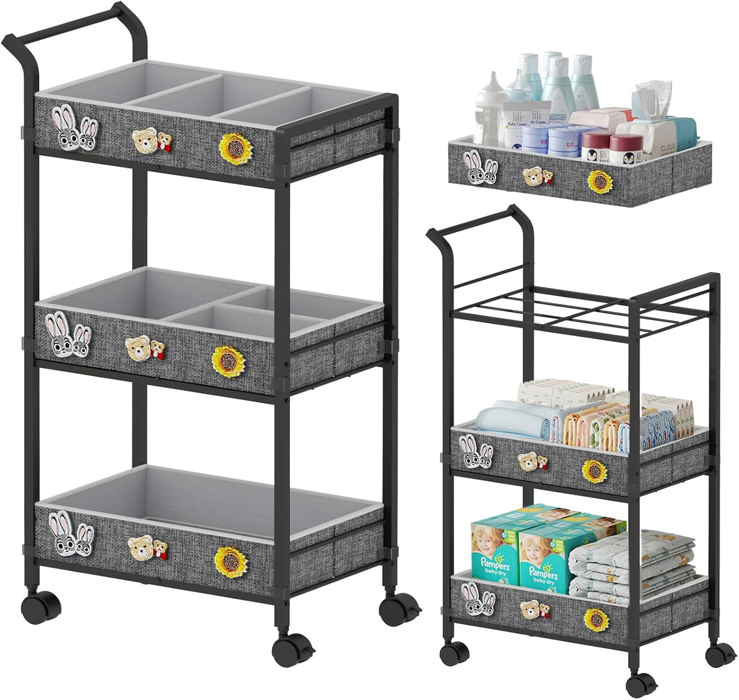 Baby Diaper Cart, 3-Tier Rolling Diaper Caddy for Newborn Essentials ...