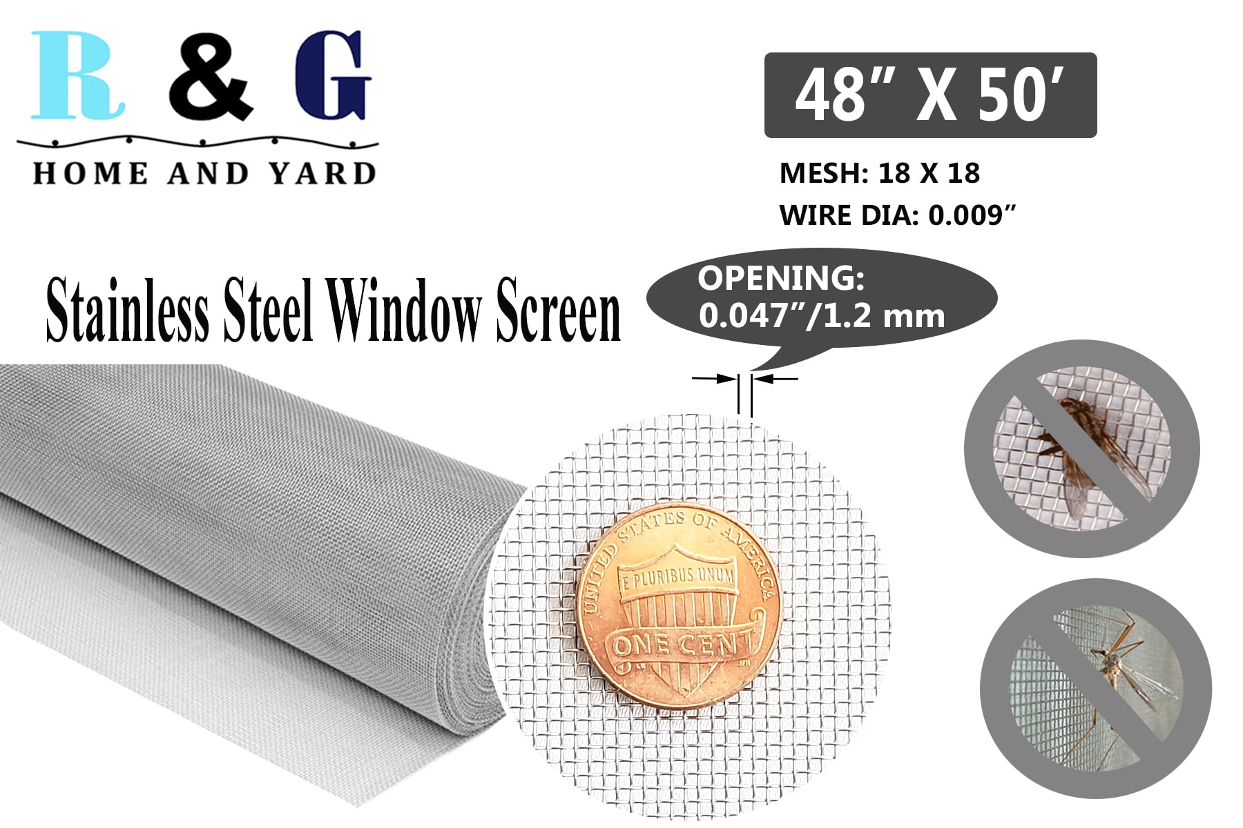 R & G Heavy Duty Outdoor Window Screen Mesh- 48" X 50' Stainless Steel ...