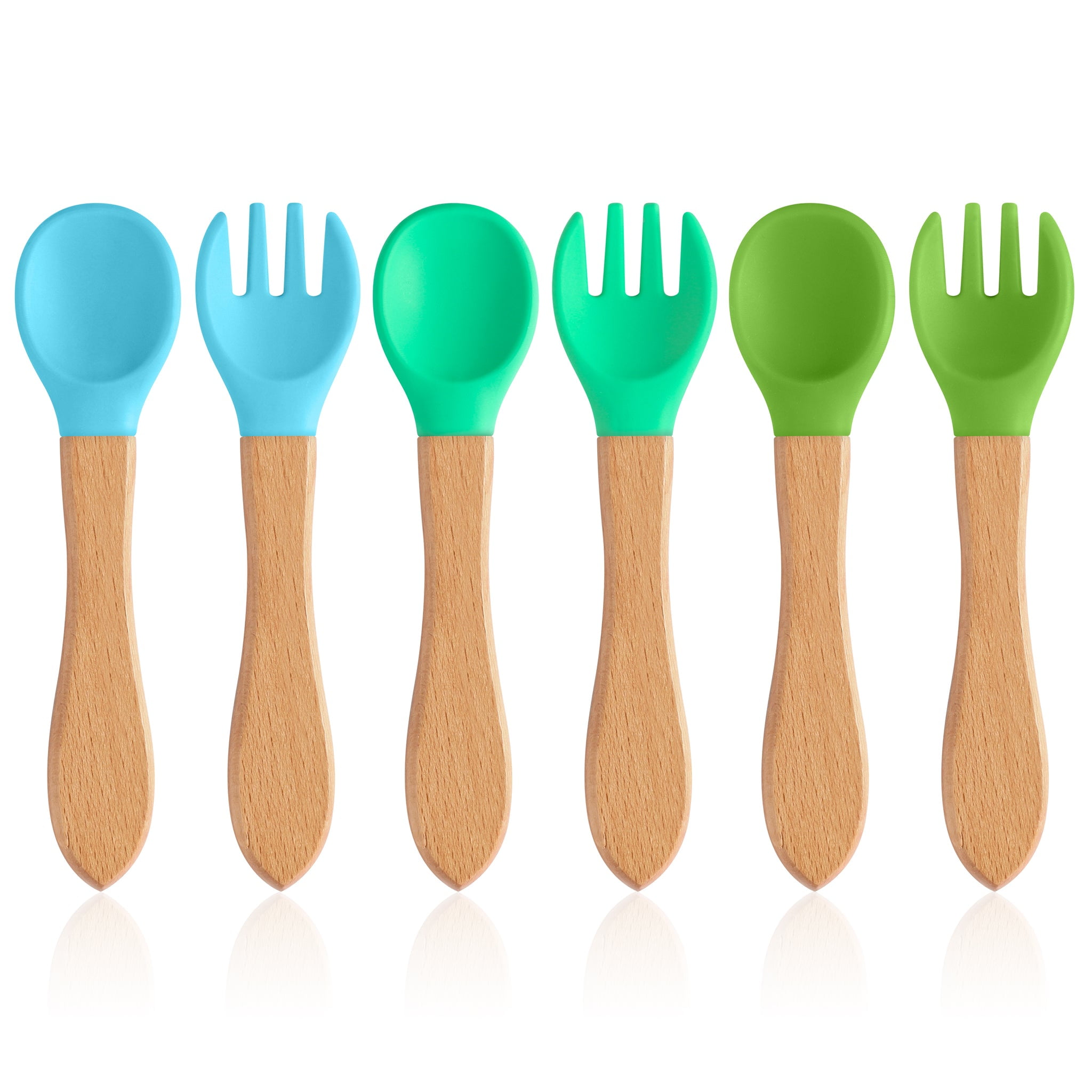 6 Piece Silicone Baby Forks and Spoon Set with Beech Handle Blue Green ...