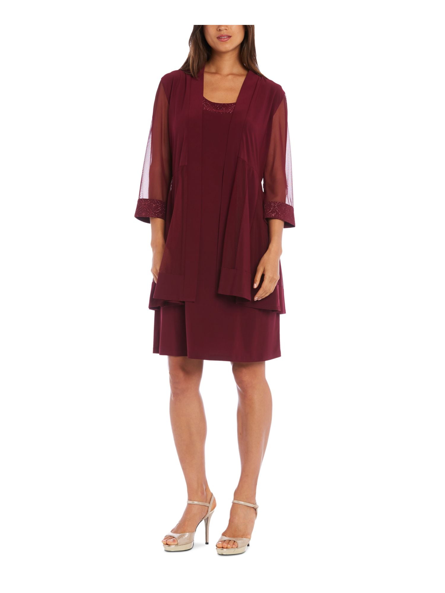 R&M RICHARDS Womens Maroon Embellished Sheer With Jacket Sleeveless ...