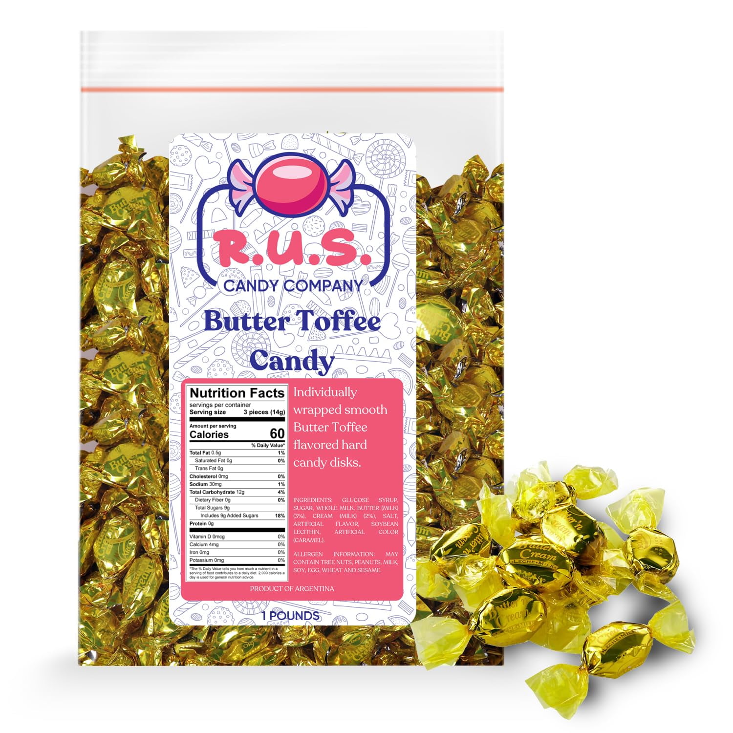 R.U.S. Candy Company Butter BCF26 Toffee Candy - 1 Pound Bag - Rich and ...