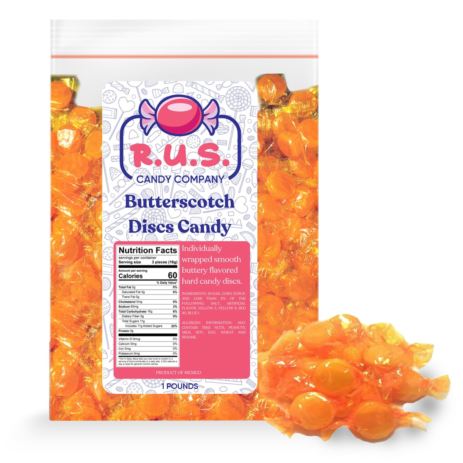R.U.S. Candy Company Butterscotch MZF22 Disc Candy - 1 Pound Bag ...