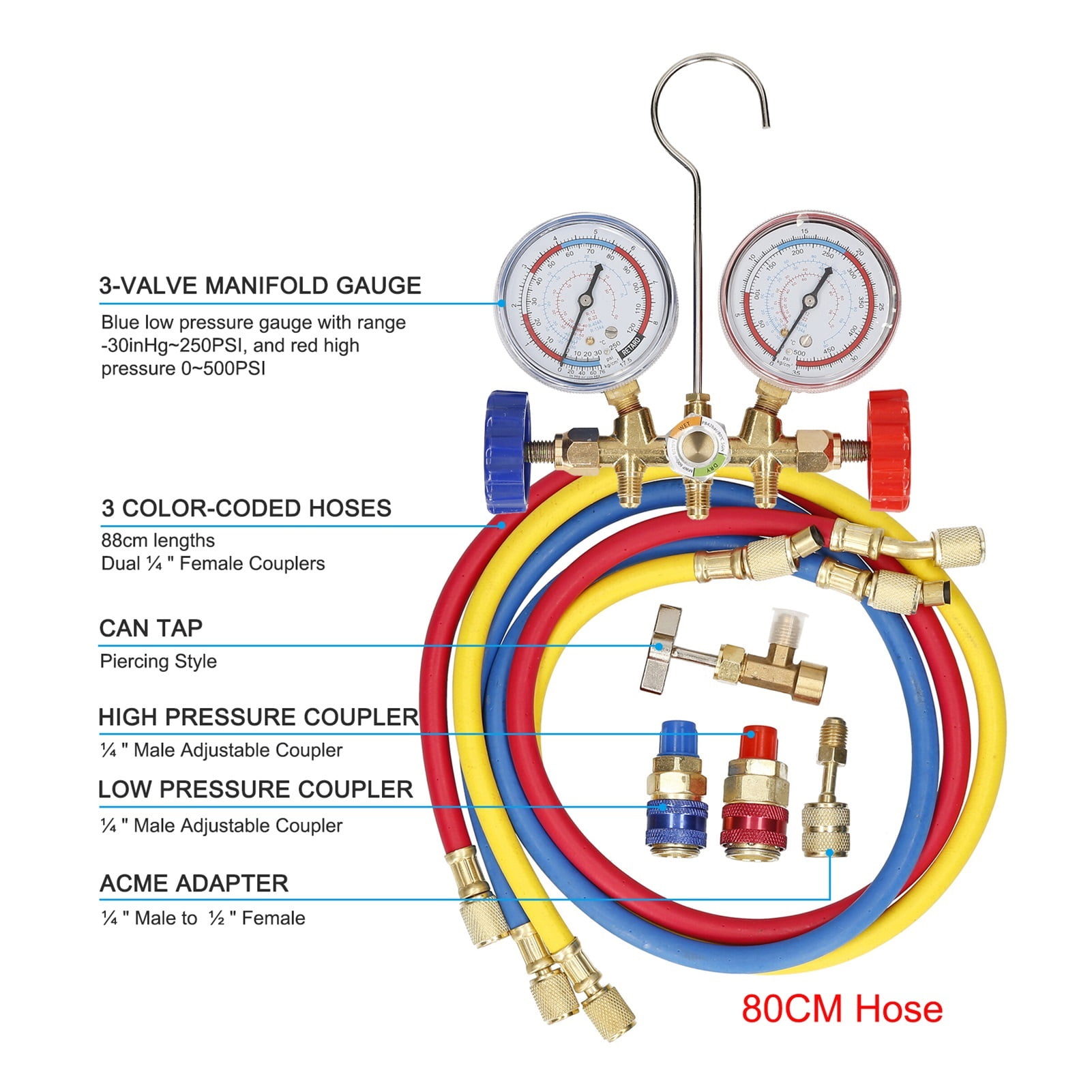 R134a 3 Way AC Diagnostic Manifold Gauge Set For Freon Charging, Fits R12 R22 R-404A R-134a ...