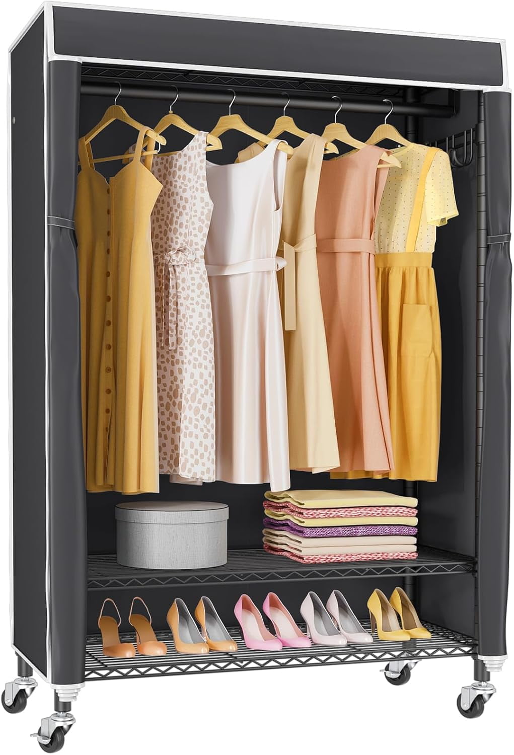 R1C Rolling Clothes Rack with Cover Portable Closet for Hanging Clothes ...