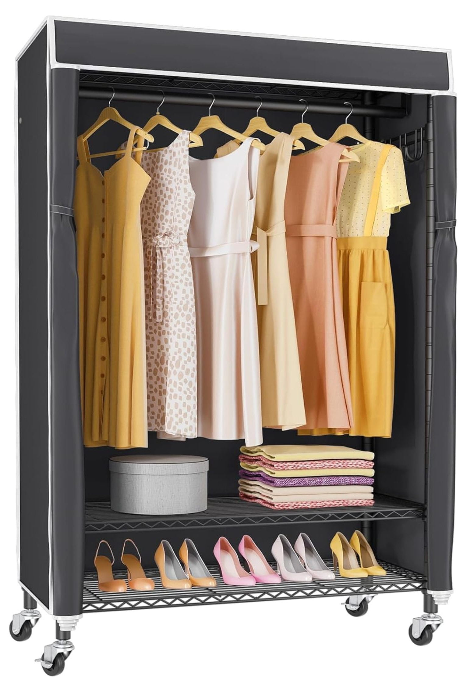 R1C Rolling Clothes Rack with Cover Portable Closet for Hanging Clothes ...