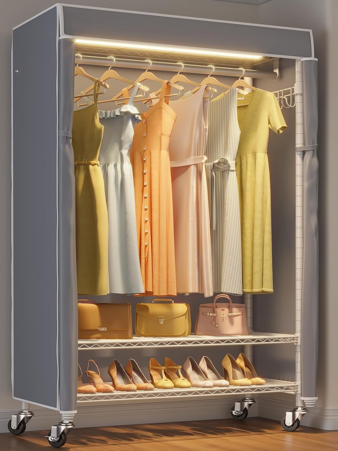 R1L Clothes Rack with Cover, Heavy Duty Garment Rack with Dimmable LED ...