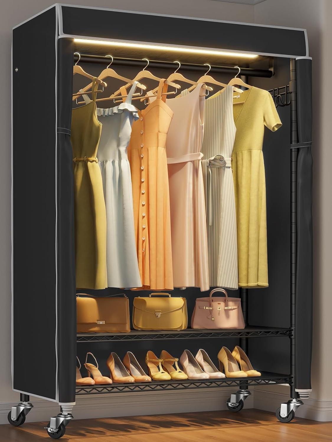 R1L Clothes Rack with Cover, Heavy Duty Garment Rack with Dimmable LED ...