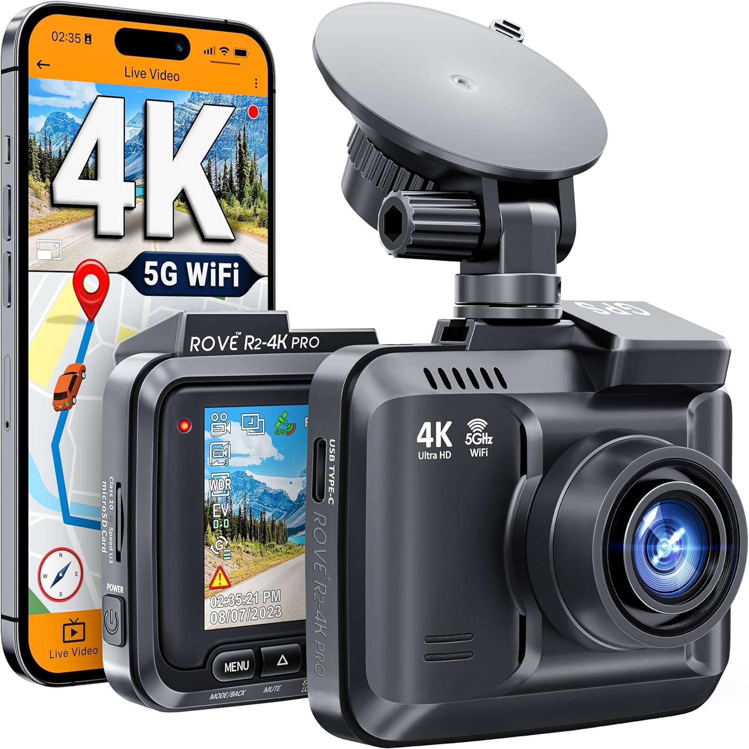 R2-4K PRO Dash Cam, Built-in GPS, 5G WiFi Dash Camera for Cars, 2160P ...