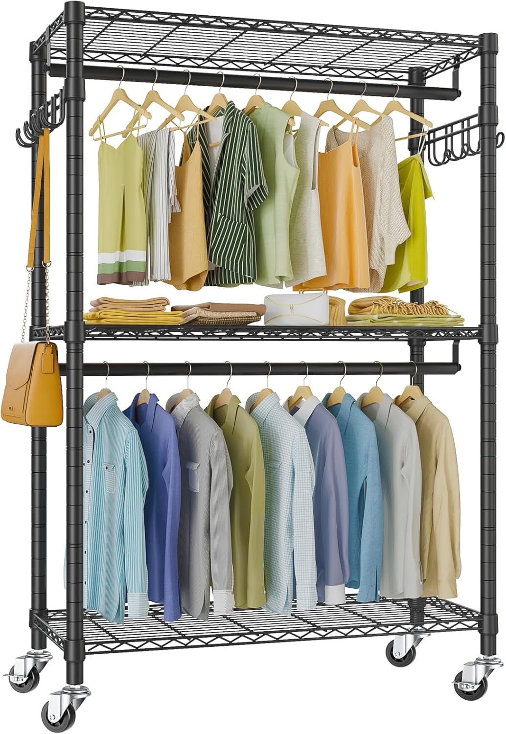 R2 Plus Heavy Duty Rolling Garment Rack 3 Tiers Adjustable Wire ...
