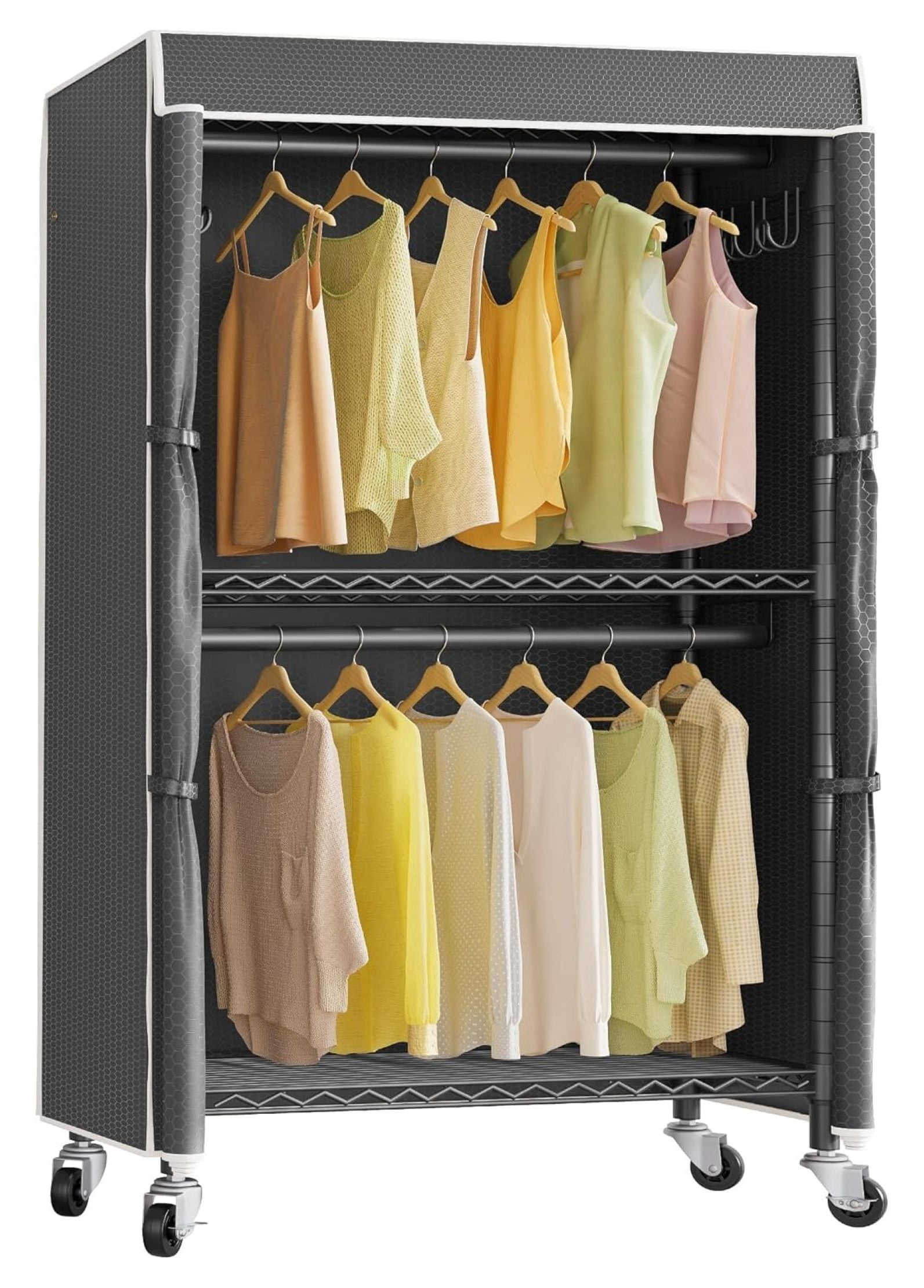 R2C Heavy Duty Rolling Garment Rack with Cover, Portable Closets with ...