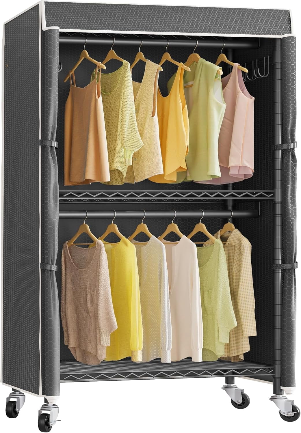 R2C Heavy Duty Rolling Garment Rack with Cover, Portable Closets with ...