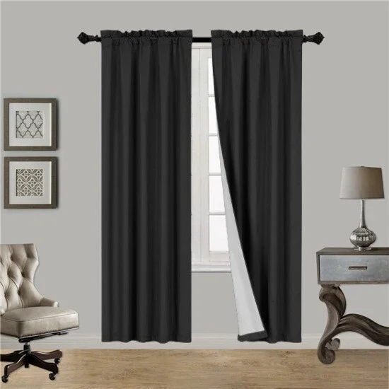 Black R64 1 panel solid lined foam backing blackout window curtain ...