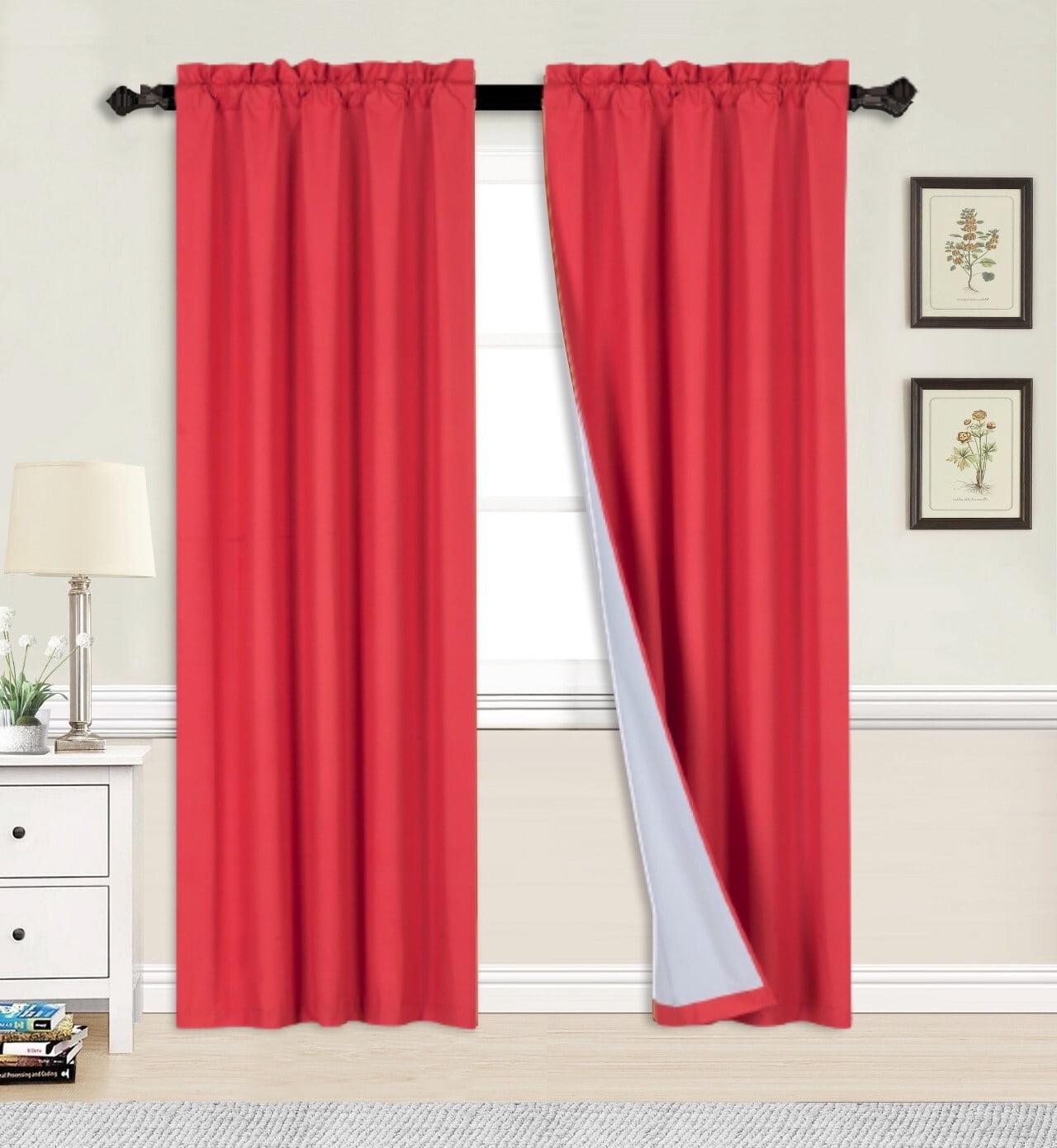 R64 2Pc Solid Foam Backing Lined Window Curtain Panels Treatment Rod ...