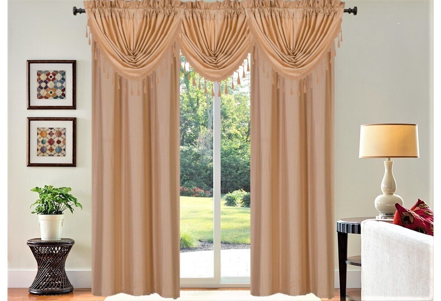 R64 Set of 2 Panels & 3 Matching Waterfall Valances Gold Color 100% ...