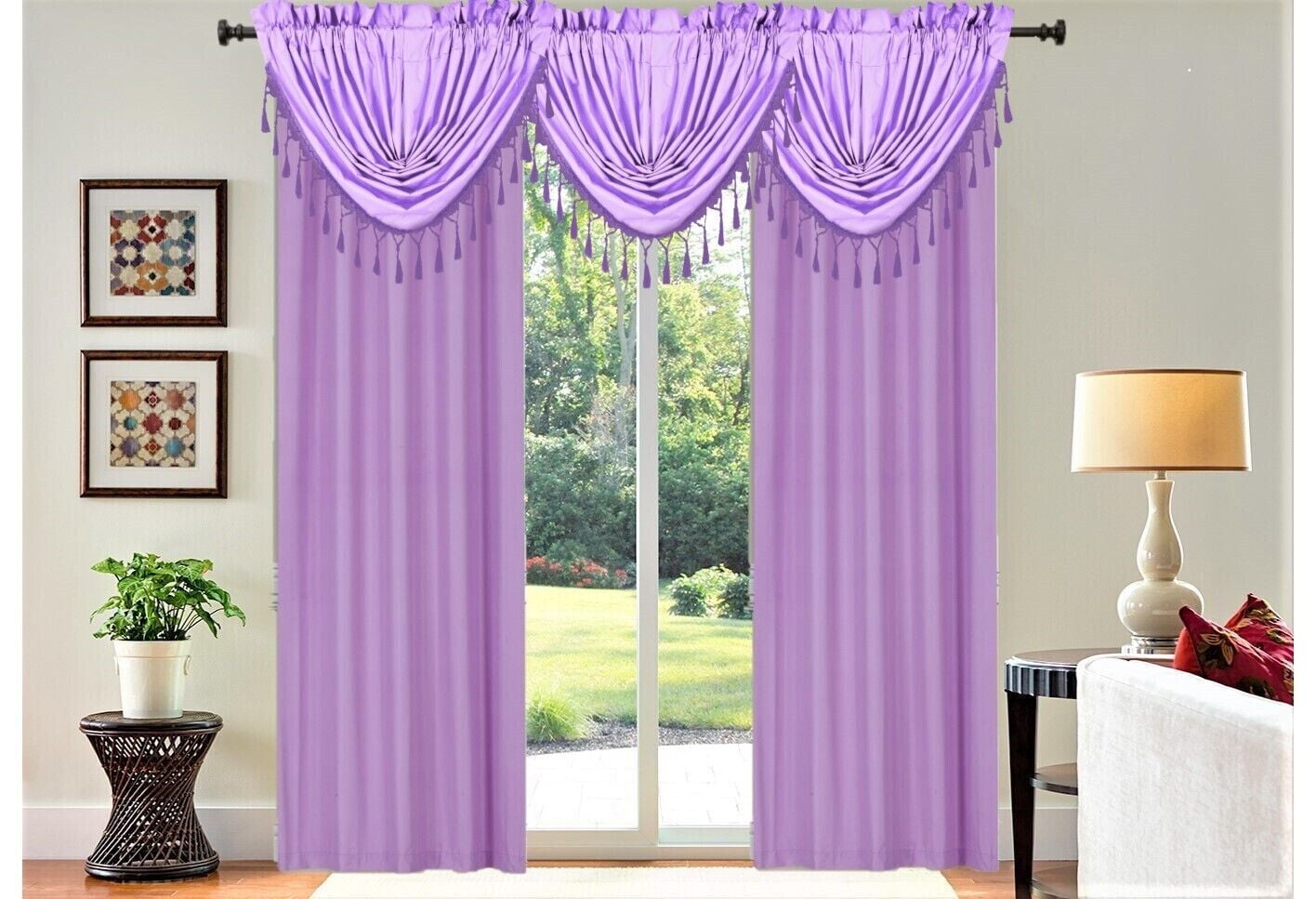 R64 Set of 2 Panels & 3 Matching Waterfall Valances Lilac Color 100% ...