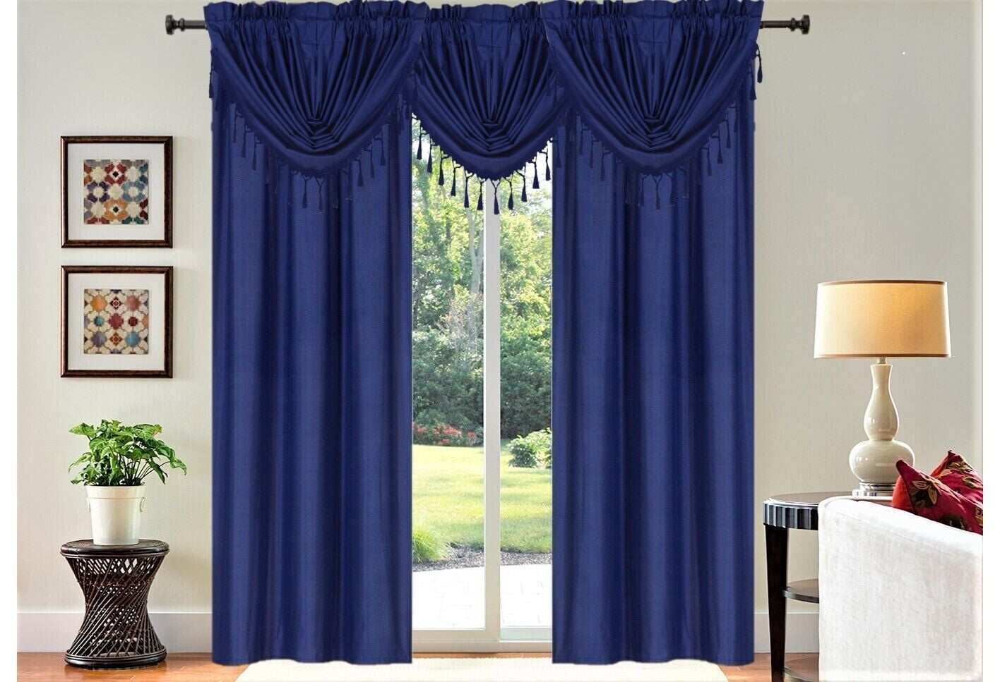 R64 Set of 2 Panels & 3 Matching Waterfall Valances Navy Color 100% ...