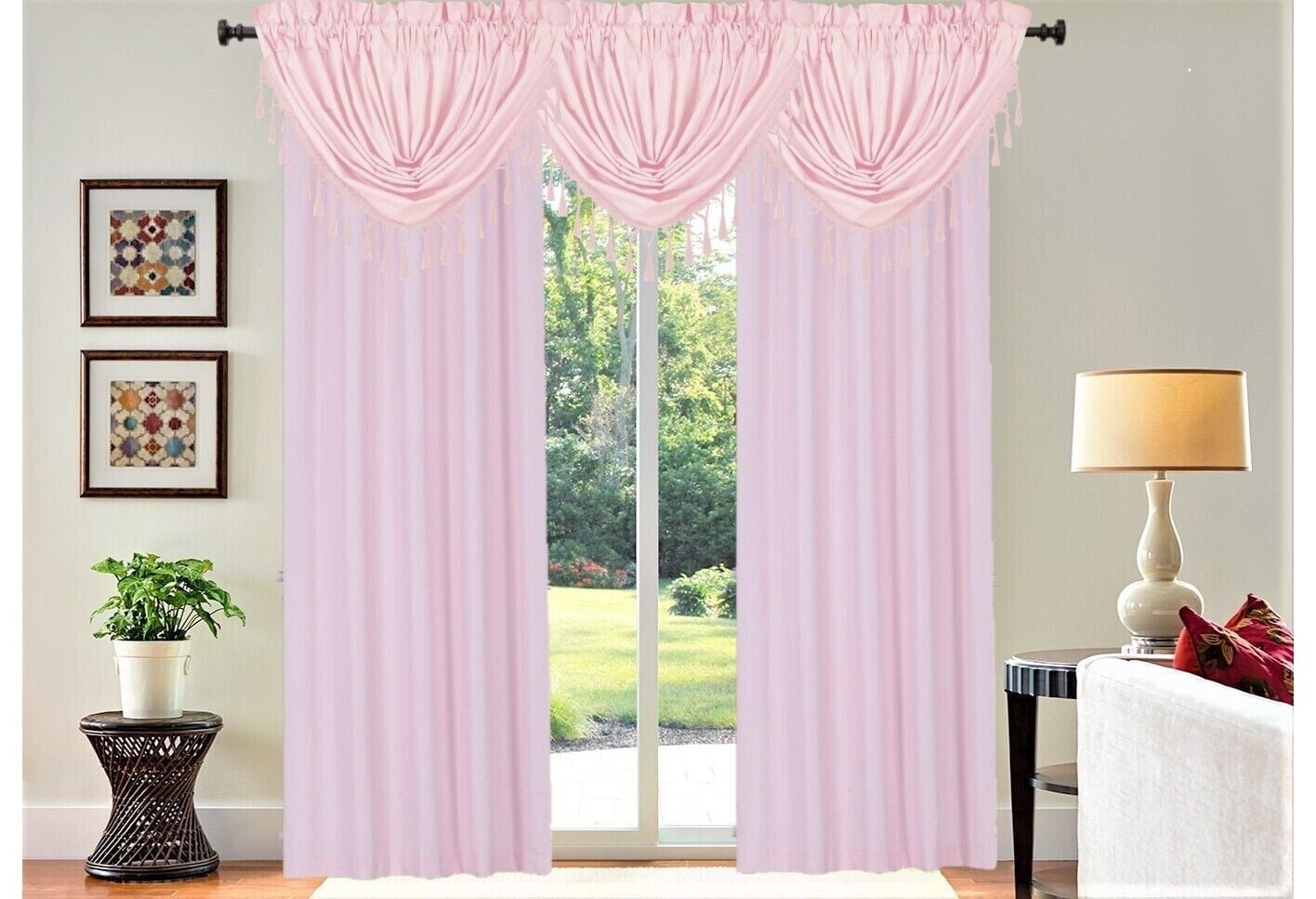 R64 Set of 2 Panels & 3 Matching Waterfall Valances Pink Color 100% ...