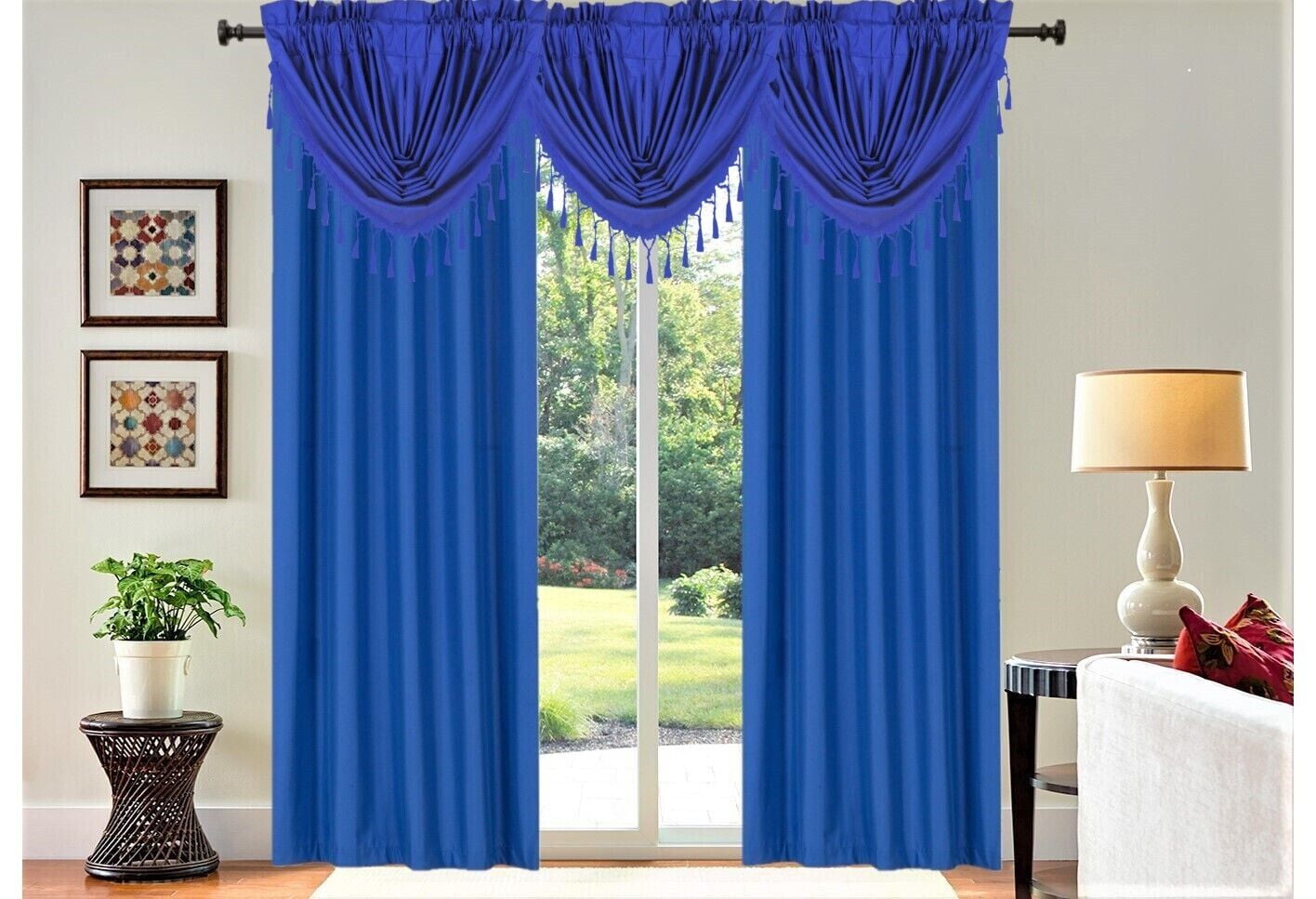 R64 Set of 2 Panels & 3 Matching Waterfall Valances Royal blue Color ...