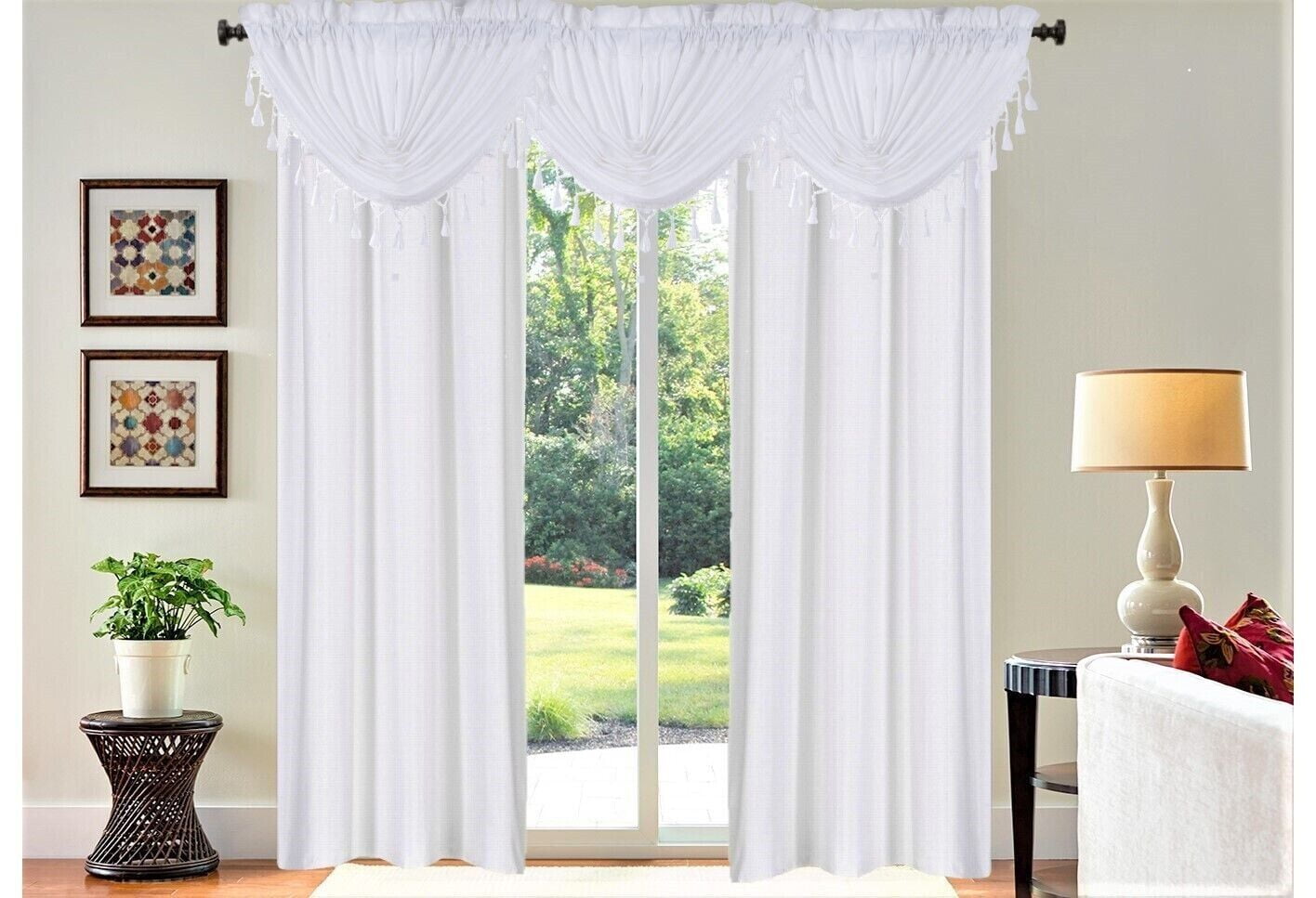 R64 Set of 2 Panels & 3 Matching Waterfall Valances White Color 100% ...