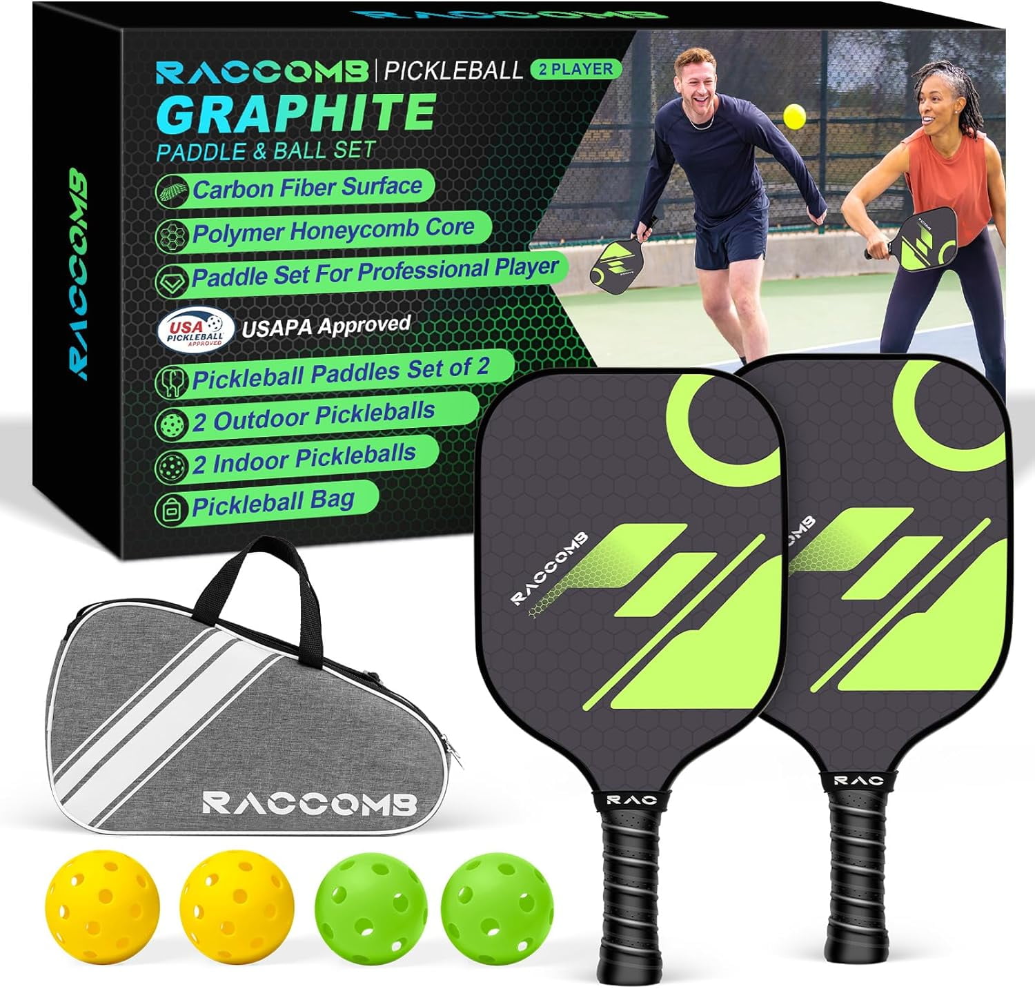 RACCOMB Pickleball Paddles, Carbon Fiber Pickleball Paddles Set of 2 ...