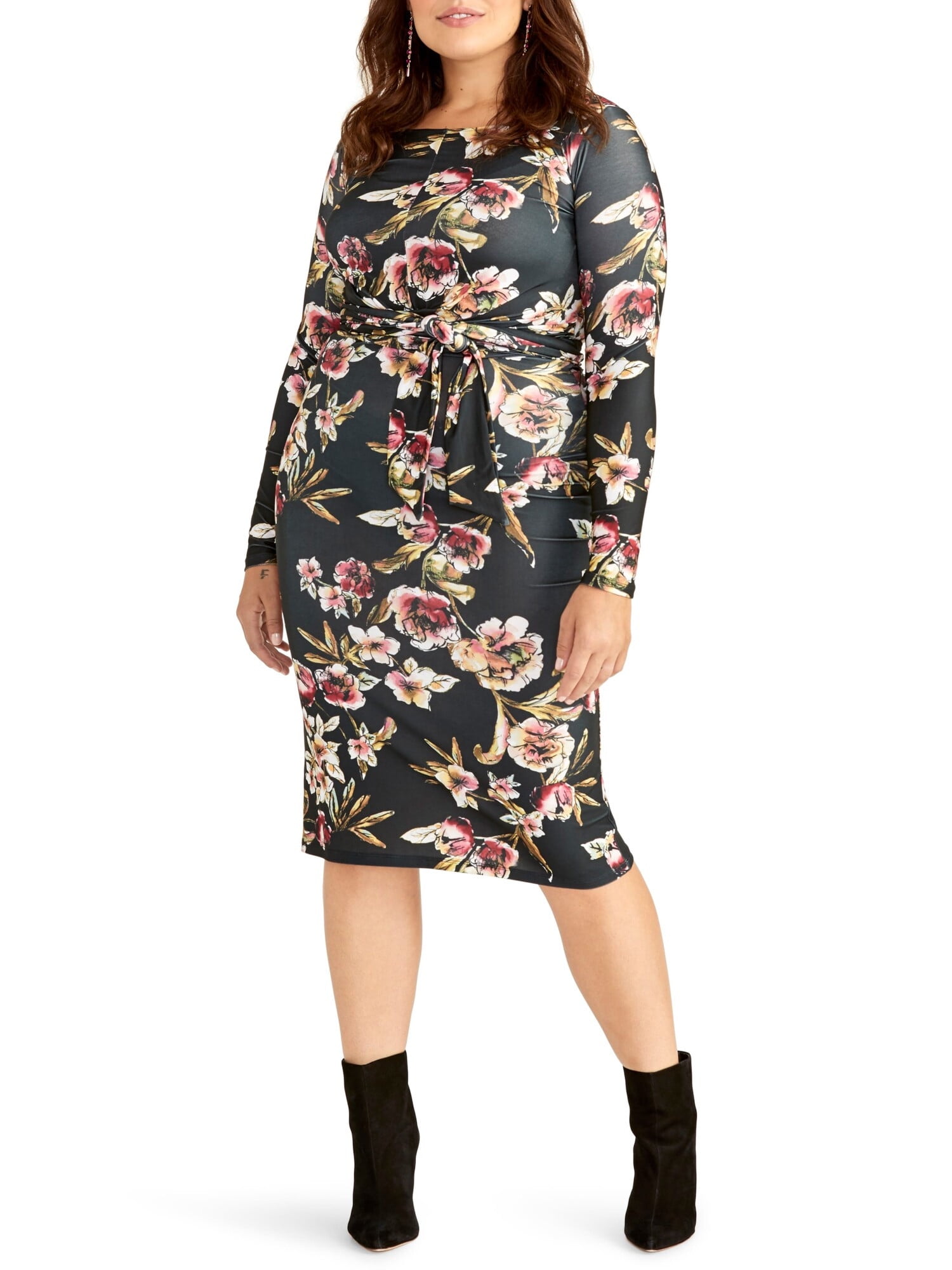 Rachel Rachel Roy Womens Black Floral Long Sleeve Jewel Neck Midi Wear