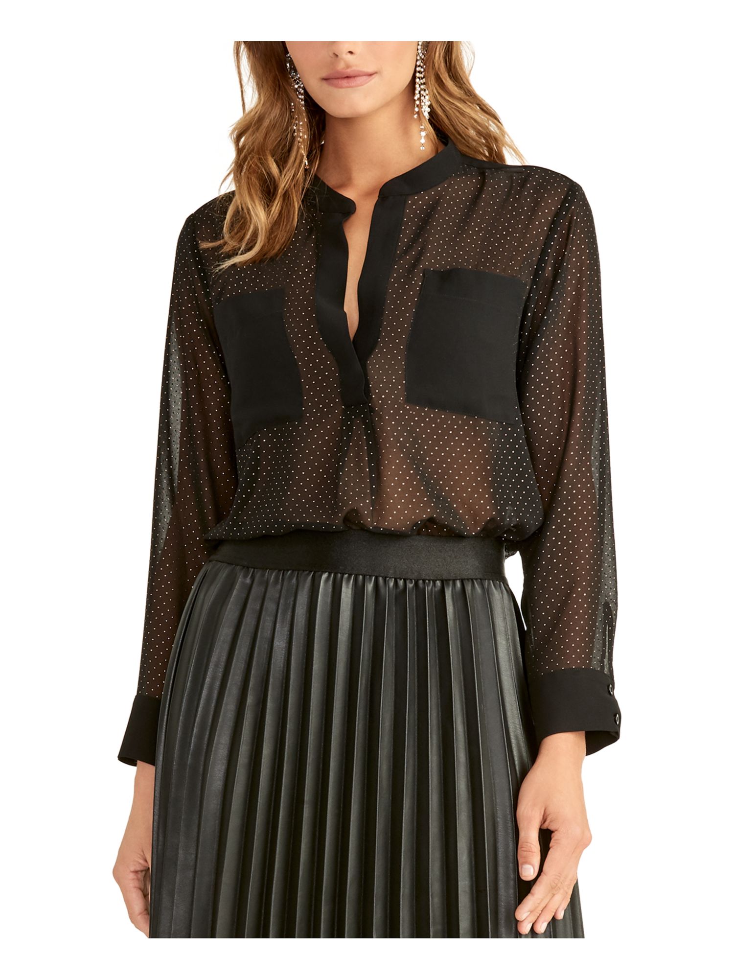 RACHEL ROY Womens Black Sheer Studded Long Sleeve Collared Tunic Top ...