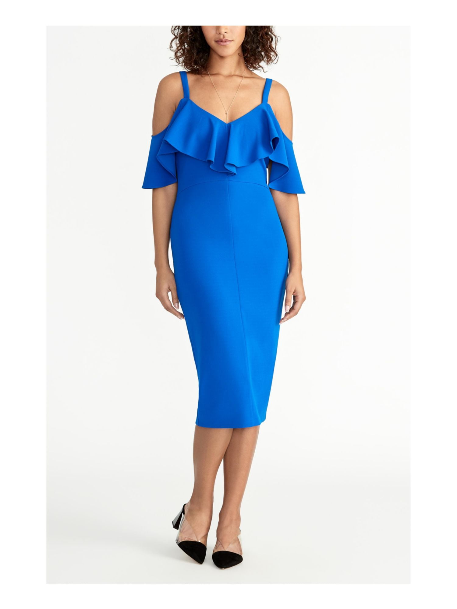 RACHEL ROY Womens Blue Cold Shoulder Ruffled Short Sleeve V Neck Midi ...