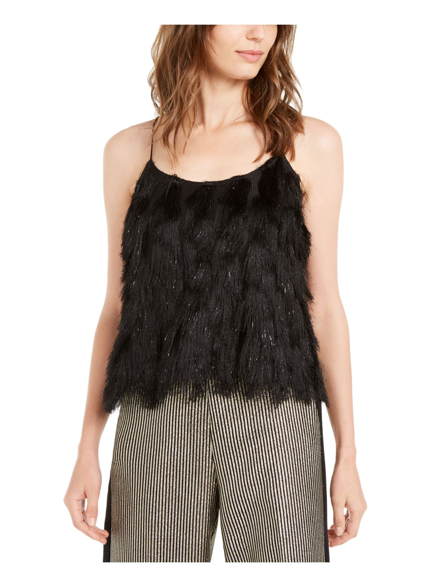 RACHEL ZOE Womens Black Frayed Spaghetti Strap Square Neck Evening Top ...