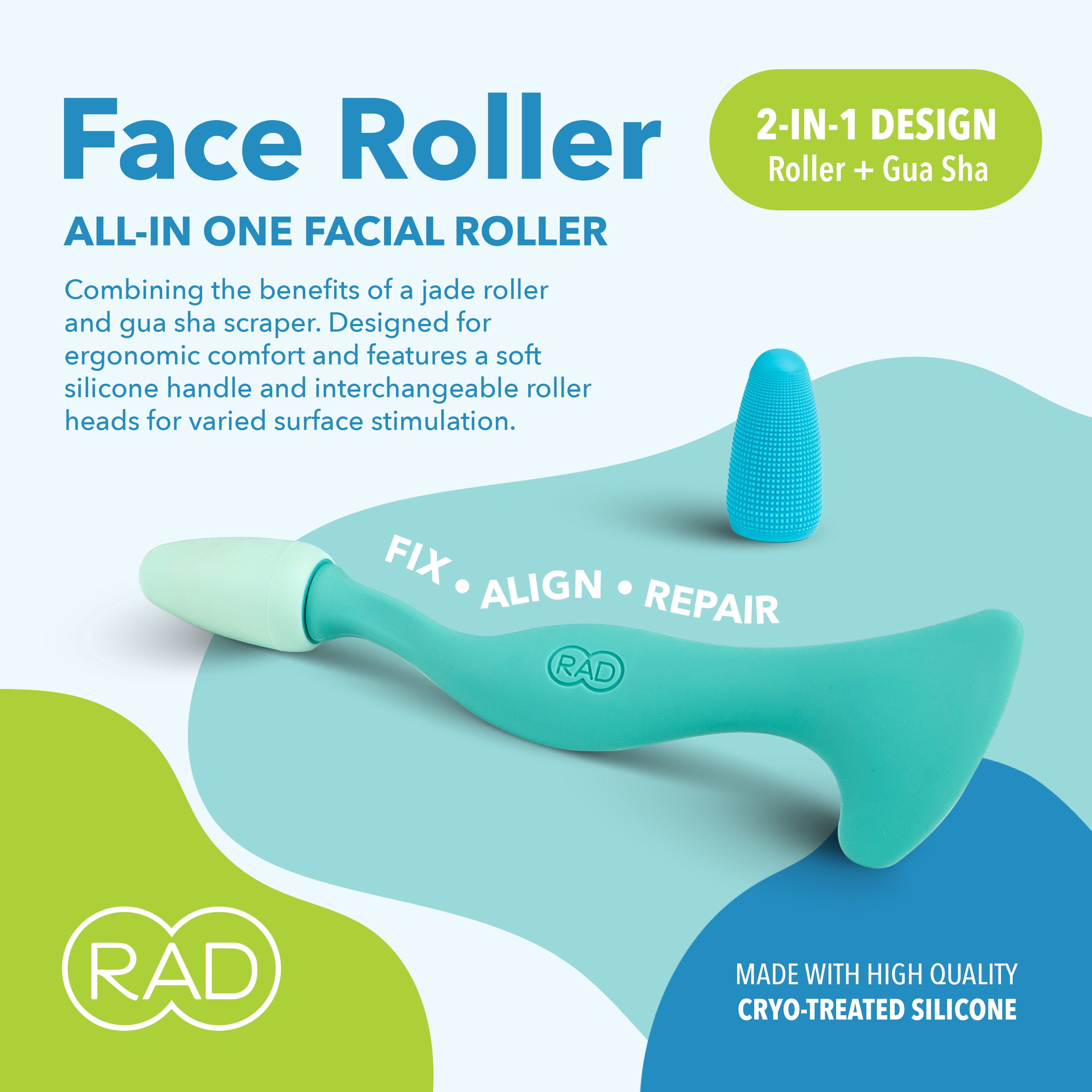 RAD Facial Roller - 2-in-1 Jade Roller & Gua Sha Style Tool, Silicone ...