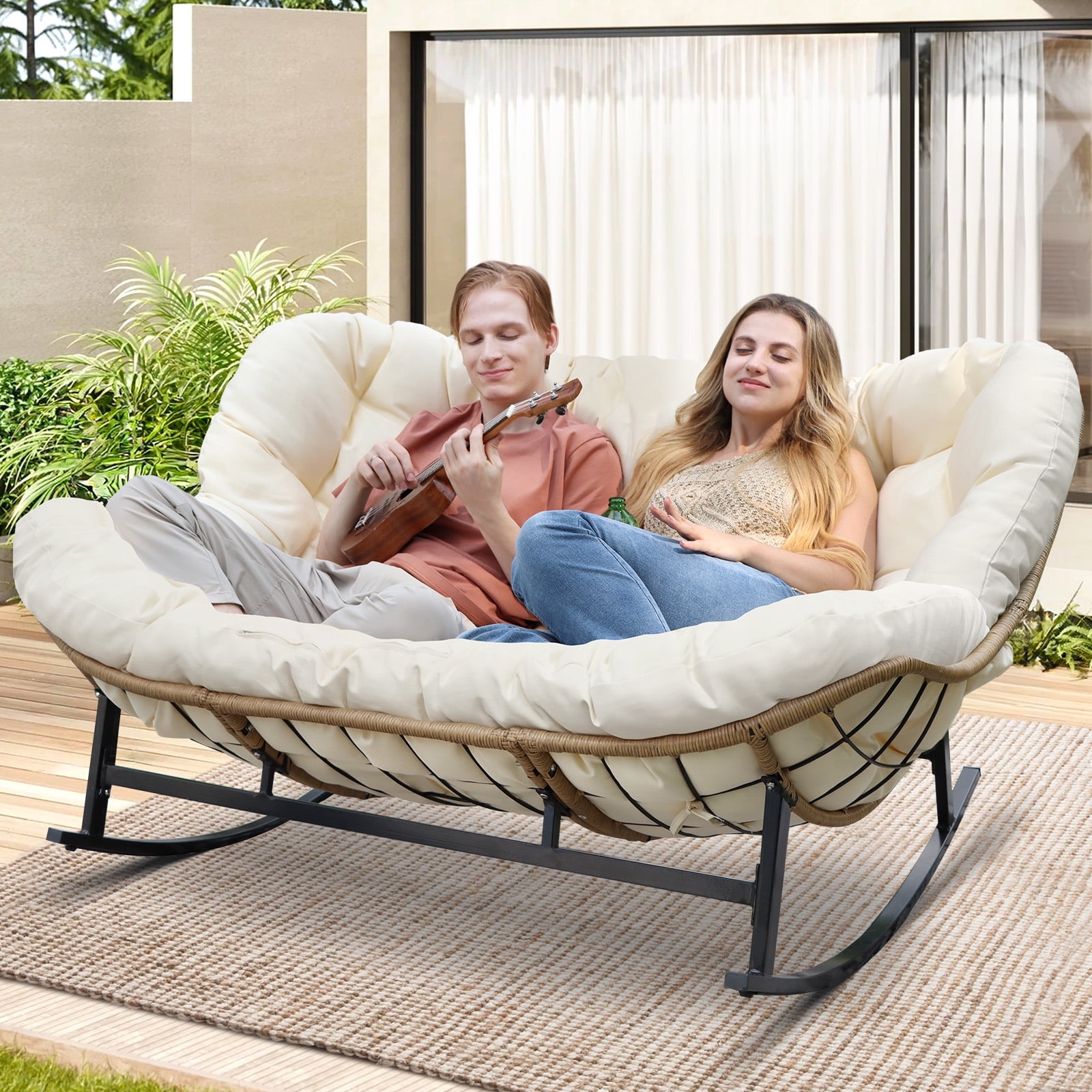 RADIATA Beige Double Outdoor Rocking Chair, 2 Person Patio Rocking Egg ...
