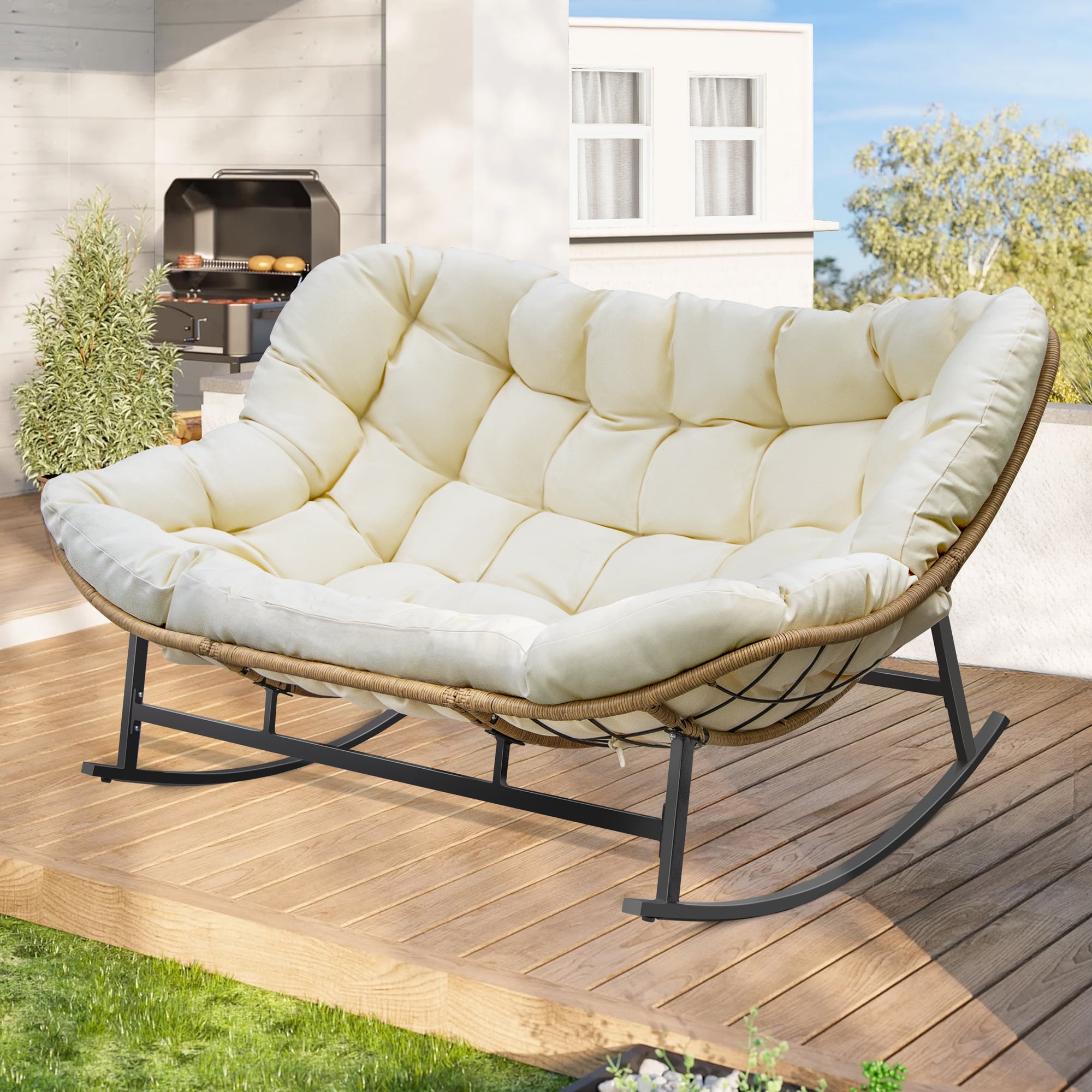 RADIATA Beige Double Outdoor Rocking Chair, 2 Person Patio Rocking Egg ...