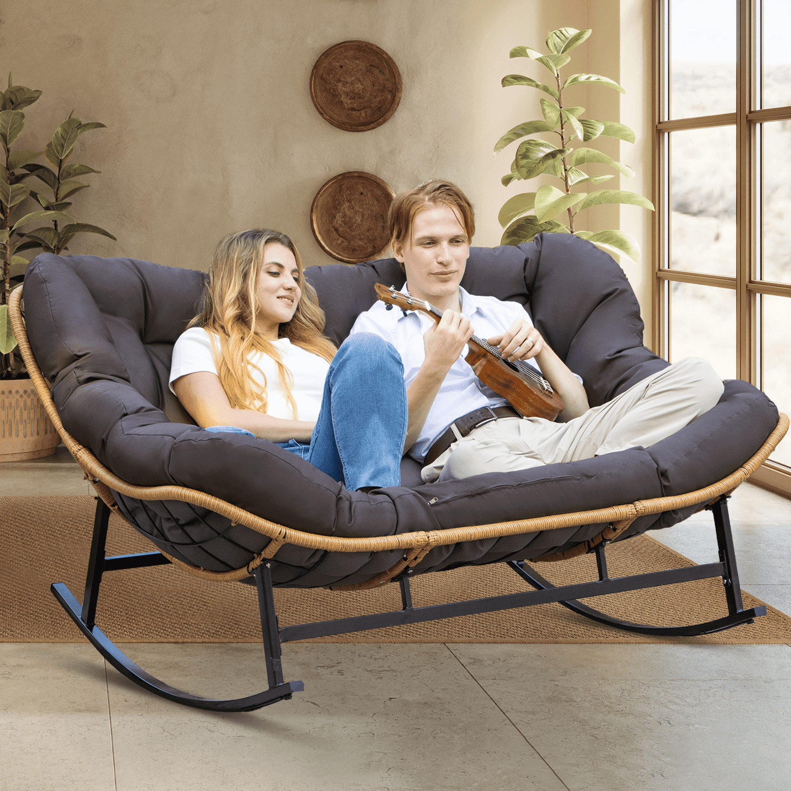 RADIATA Dark Gray Double Outdoor Rocking Chair,2 Person Patio Rocking ...