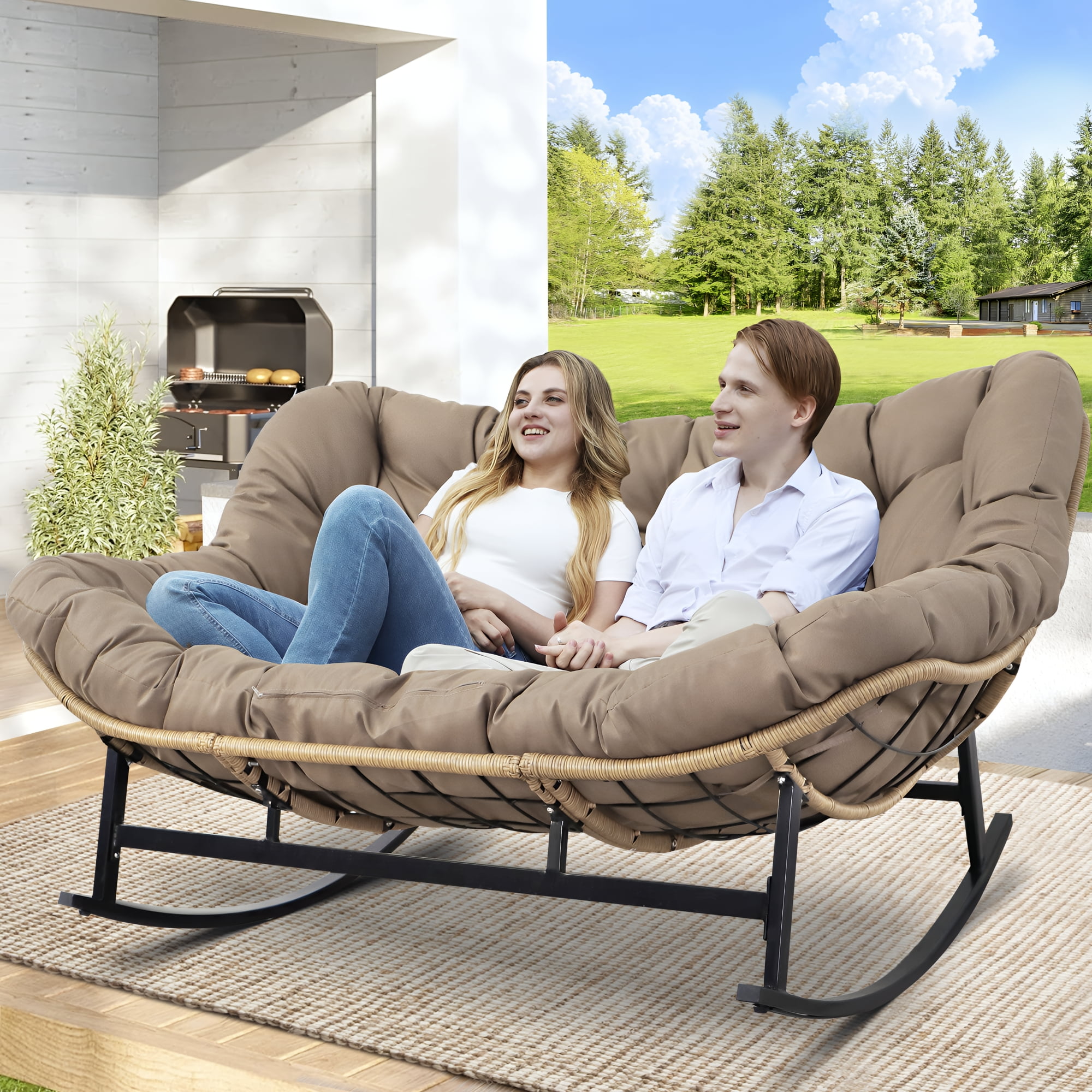 RADIATA Double Papasan Rocking Chair with Cushion, 2-Person Patio Egg ...