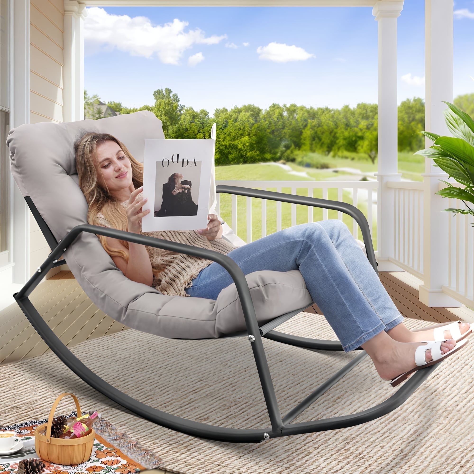 RADIATA Oversized Rocking Chair with Footrest, Patio Papasan Rocking ...
