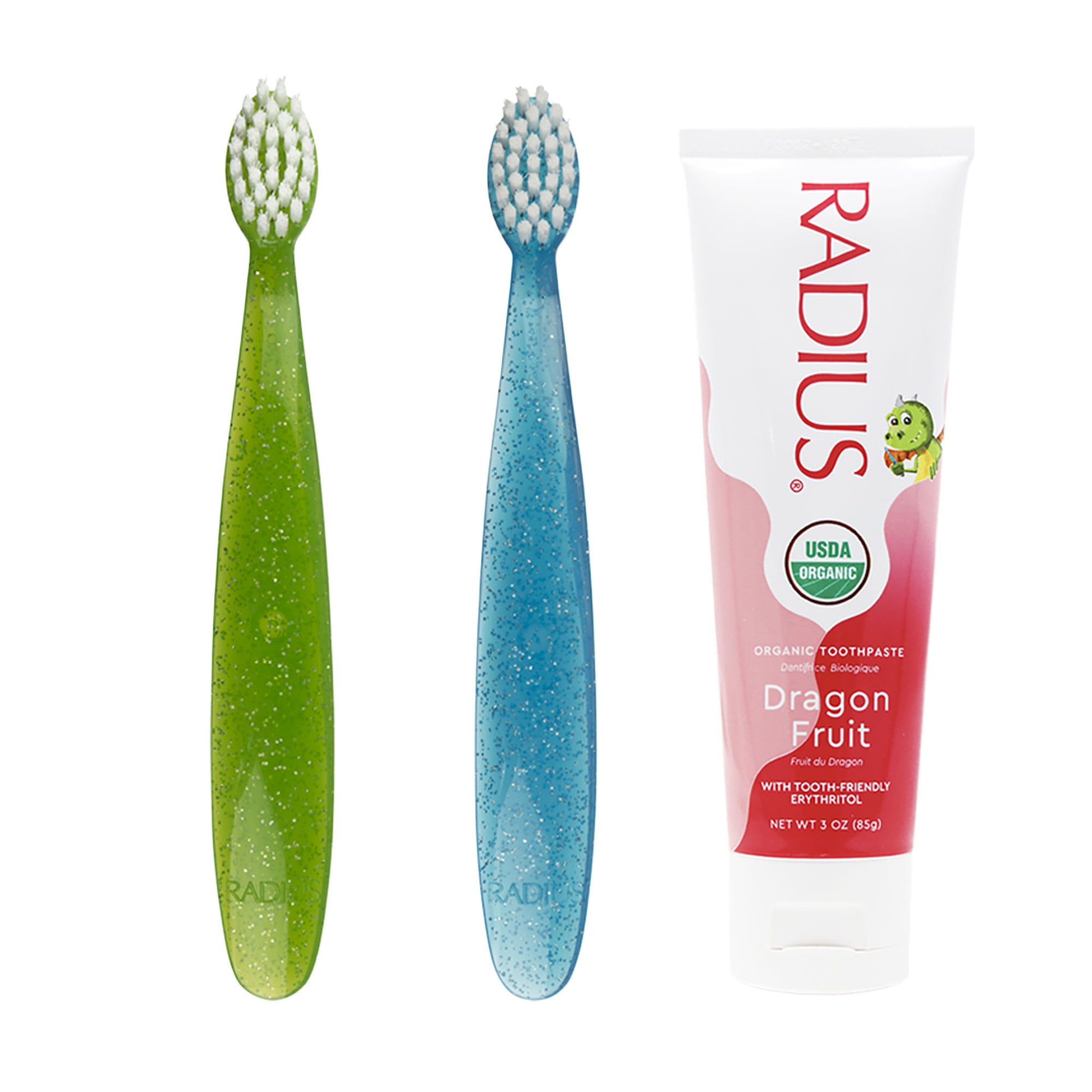 RADIUS Toddler Toothbrush and Toothpaste Bundle for Kids, 2 Pack Totz Extra Soft Brush in Green ...