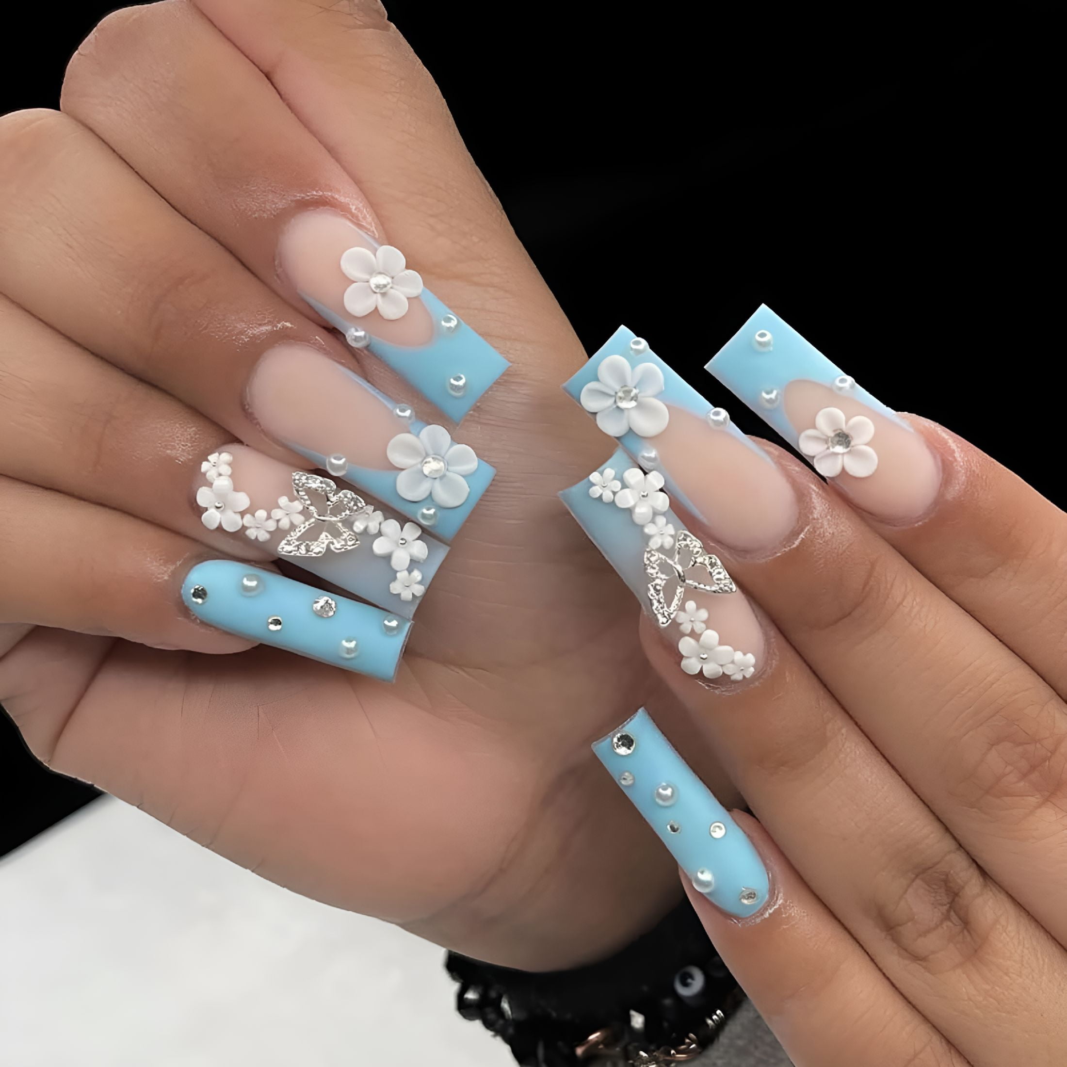 RAGUPEL 24 Pcs Blue Nail Press ons Long Press on Nails Nails with 3D ...
