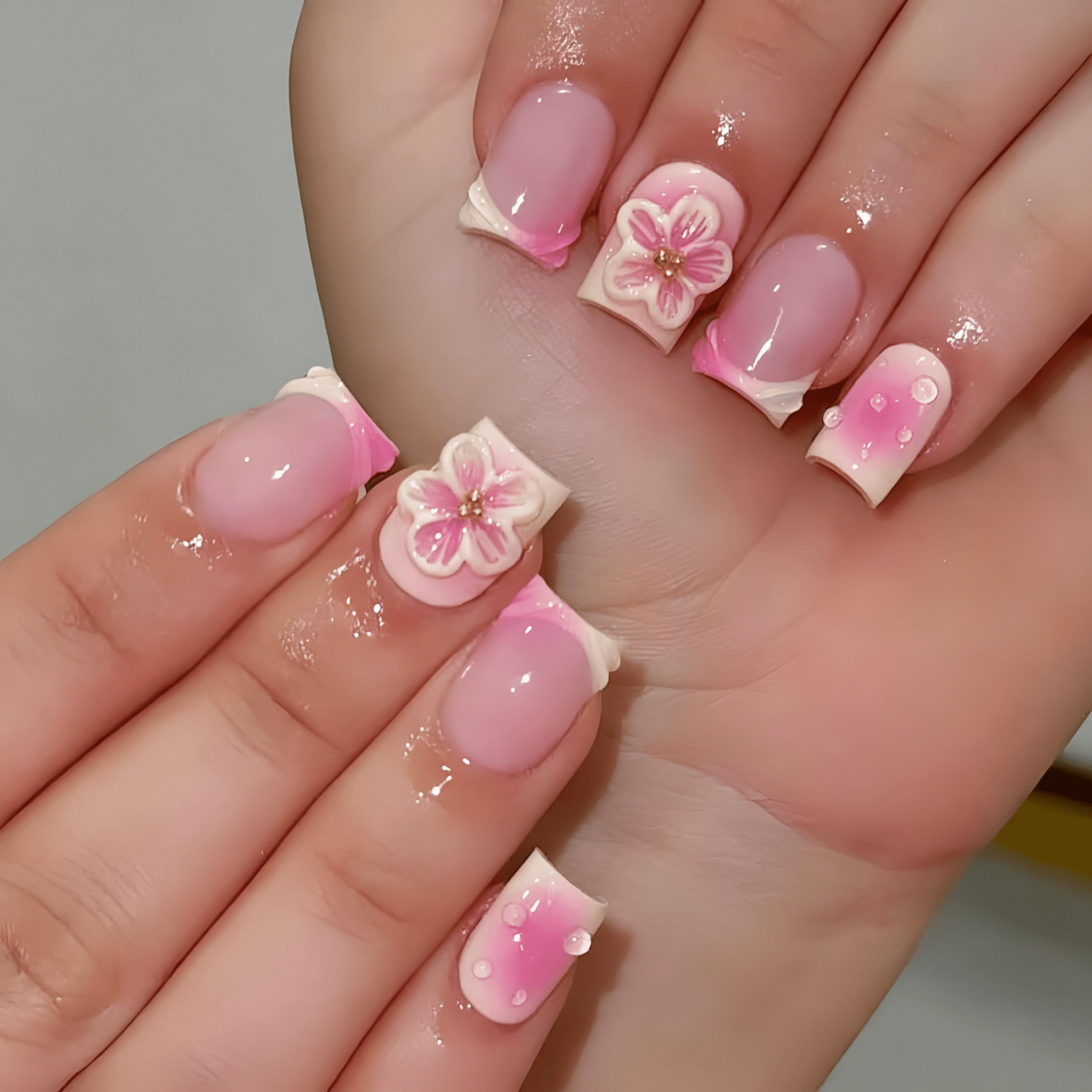 RAGUPEL 24Pcs Peach Blossom Press on Nails Medium Square Fake Nails 3D ...