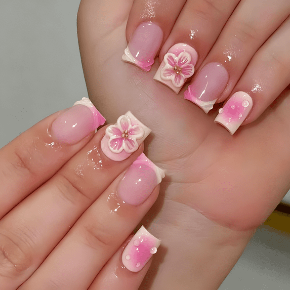 RAGUPEL 24Pcs Peach Blossom Press on Nails Medium Square Fake Nails 3D ...