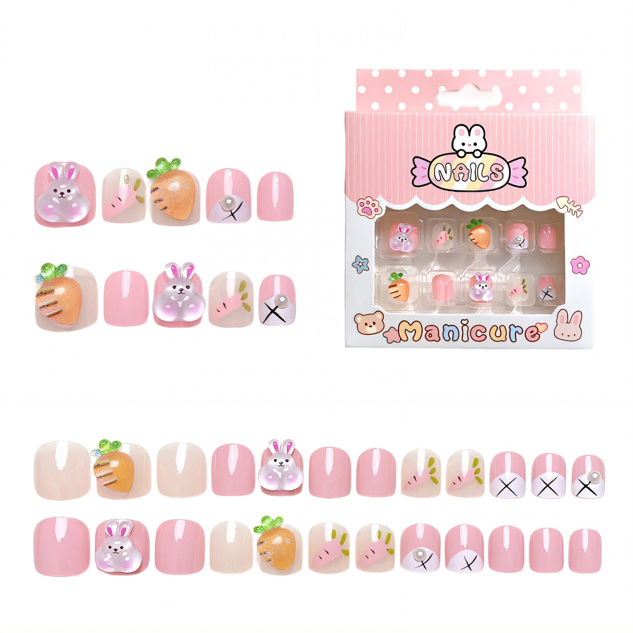 RAGUPEL 24Pcs Press on Nails for Kids,Three-Dimensional Rabbit and ...