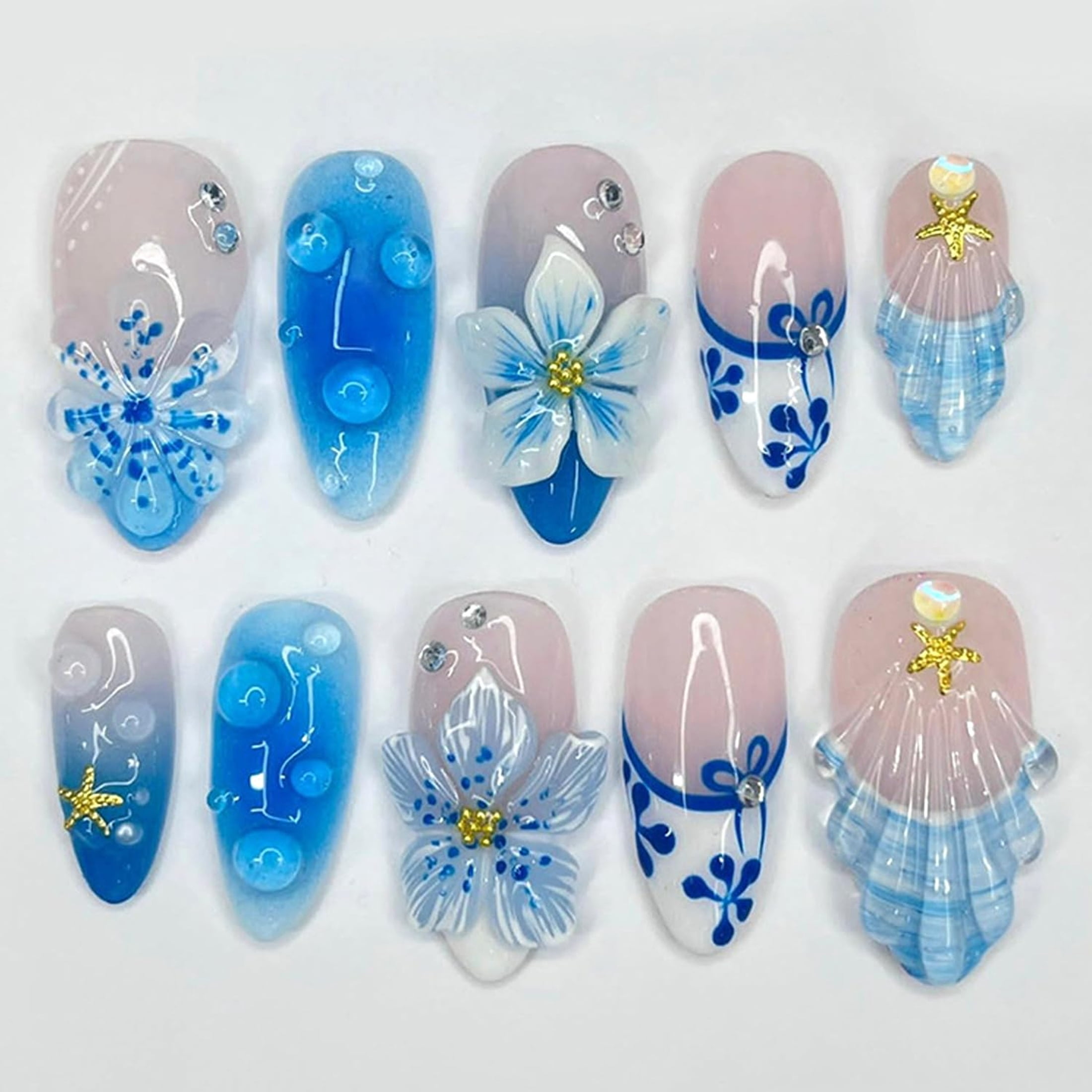 RAGUPEL 30Pcs Blue Flower Press on Nails Medium Almond Summer Beach ...